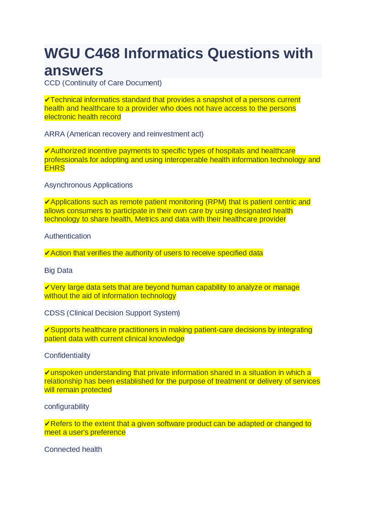 WGU C468 Informatics Questions with answers | Exams Information Systems | Docsity