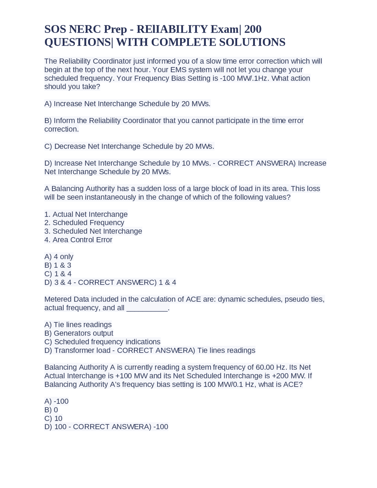 Sos Nerc Prep Reliability Exam 200 Questions With Complete