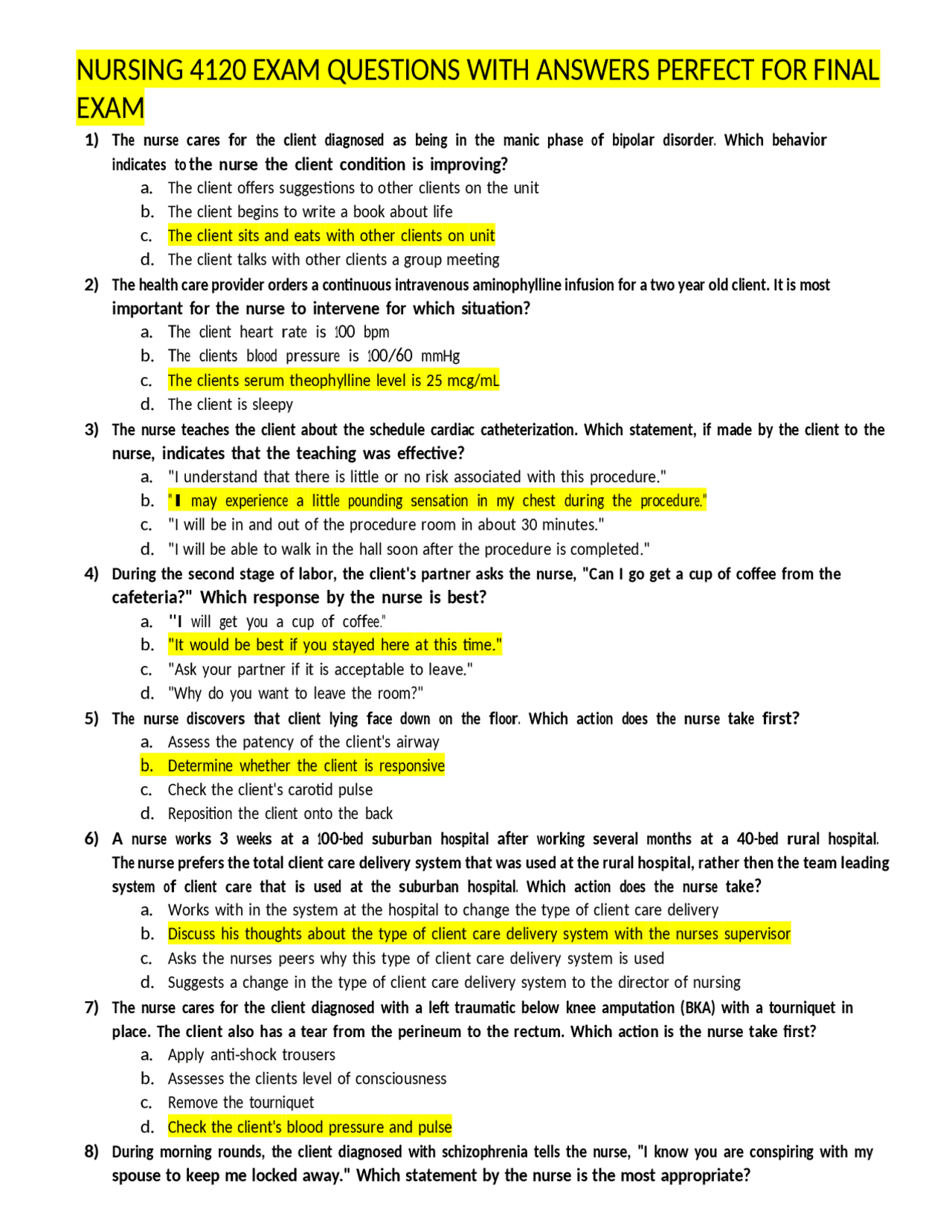 Nursing 4120 Exam Questions with Answers | Exams Nursing | Docsity