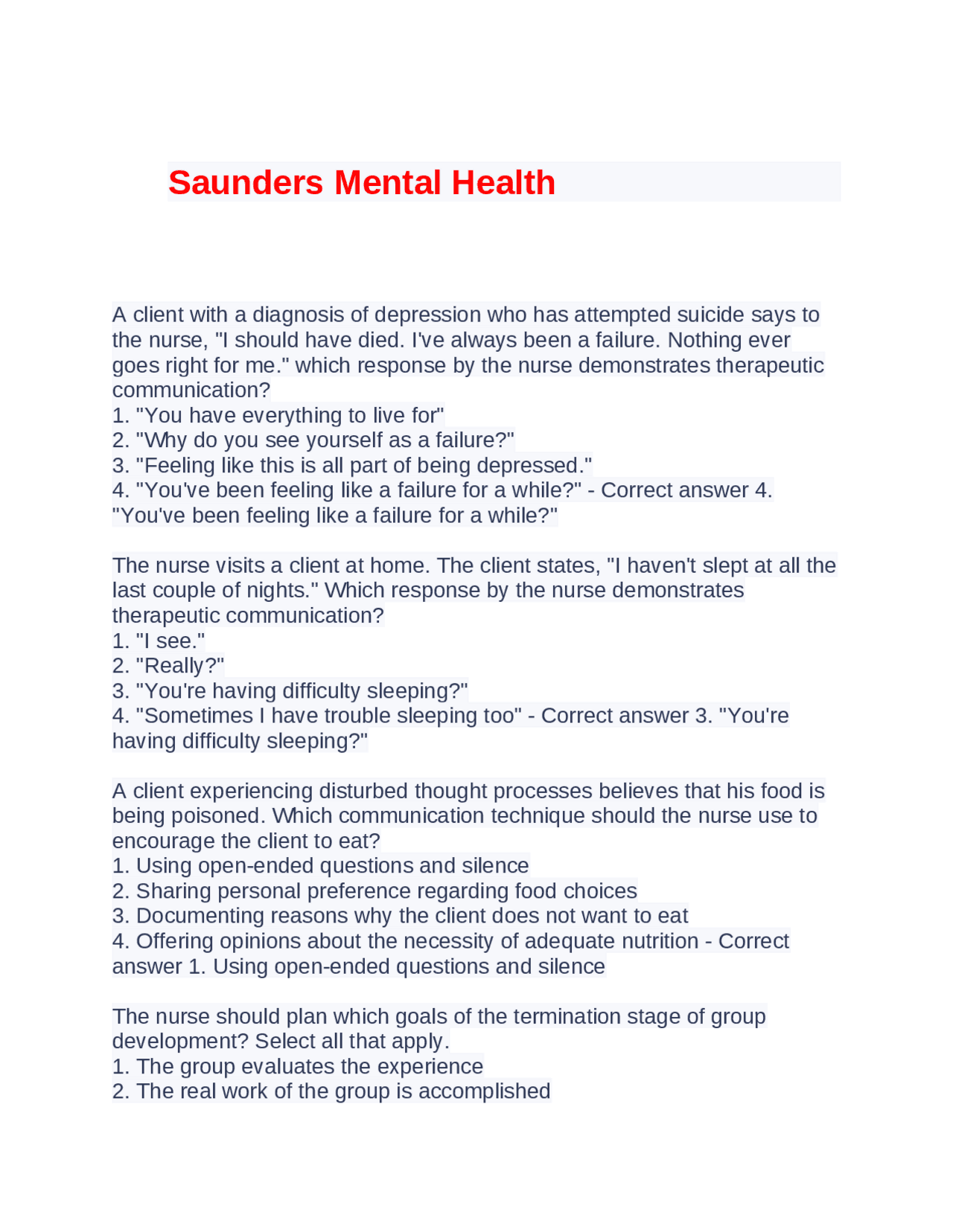 Saunders Mental Health | Exams Nursing | Docsity