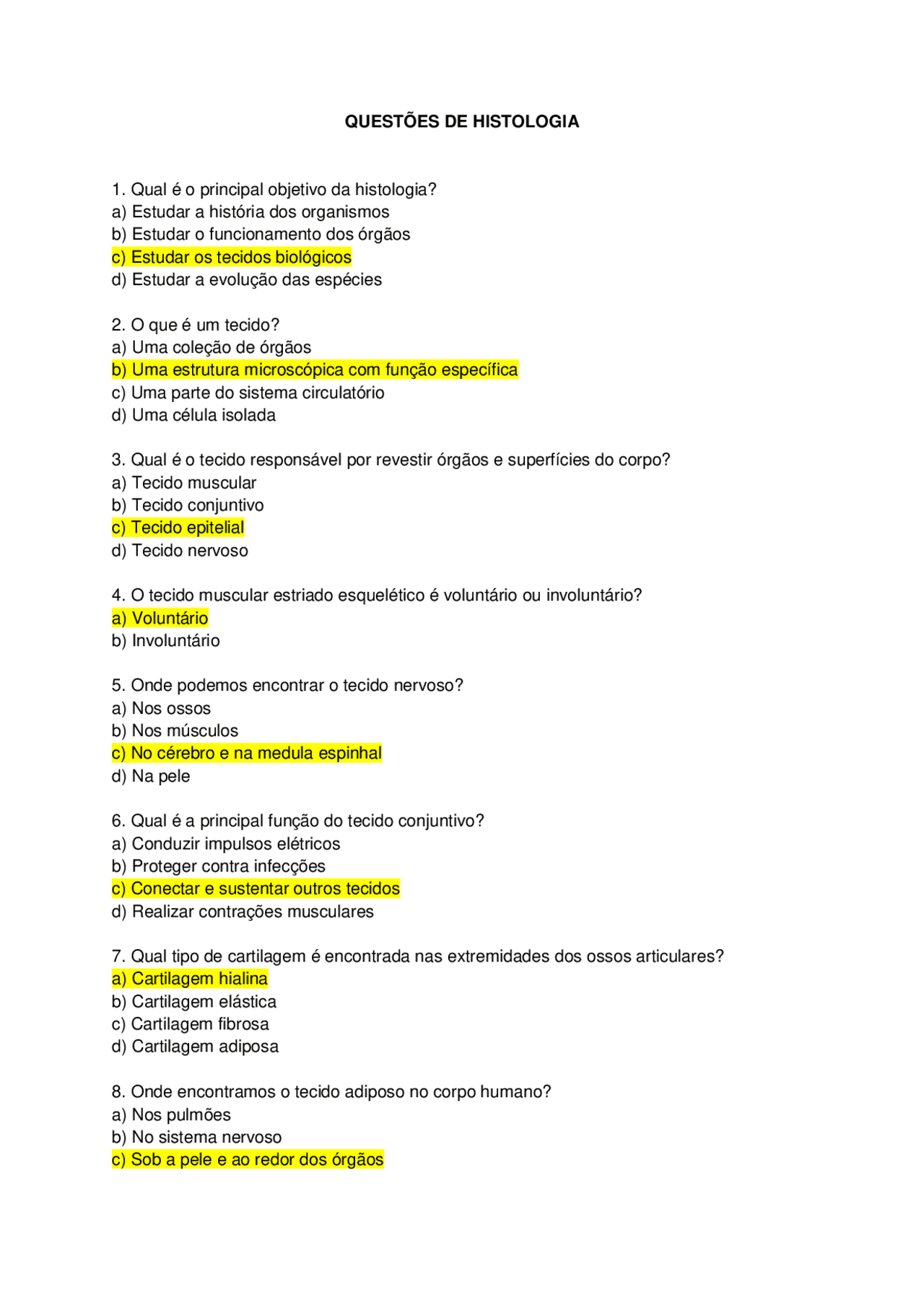 Exercicio De Histologia Exercícios Histologia Docsity