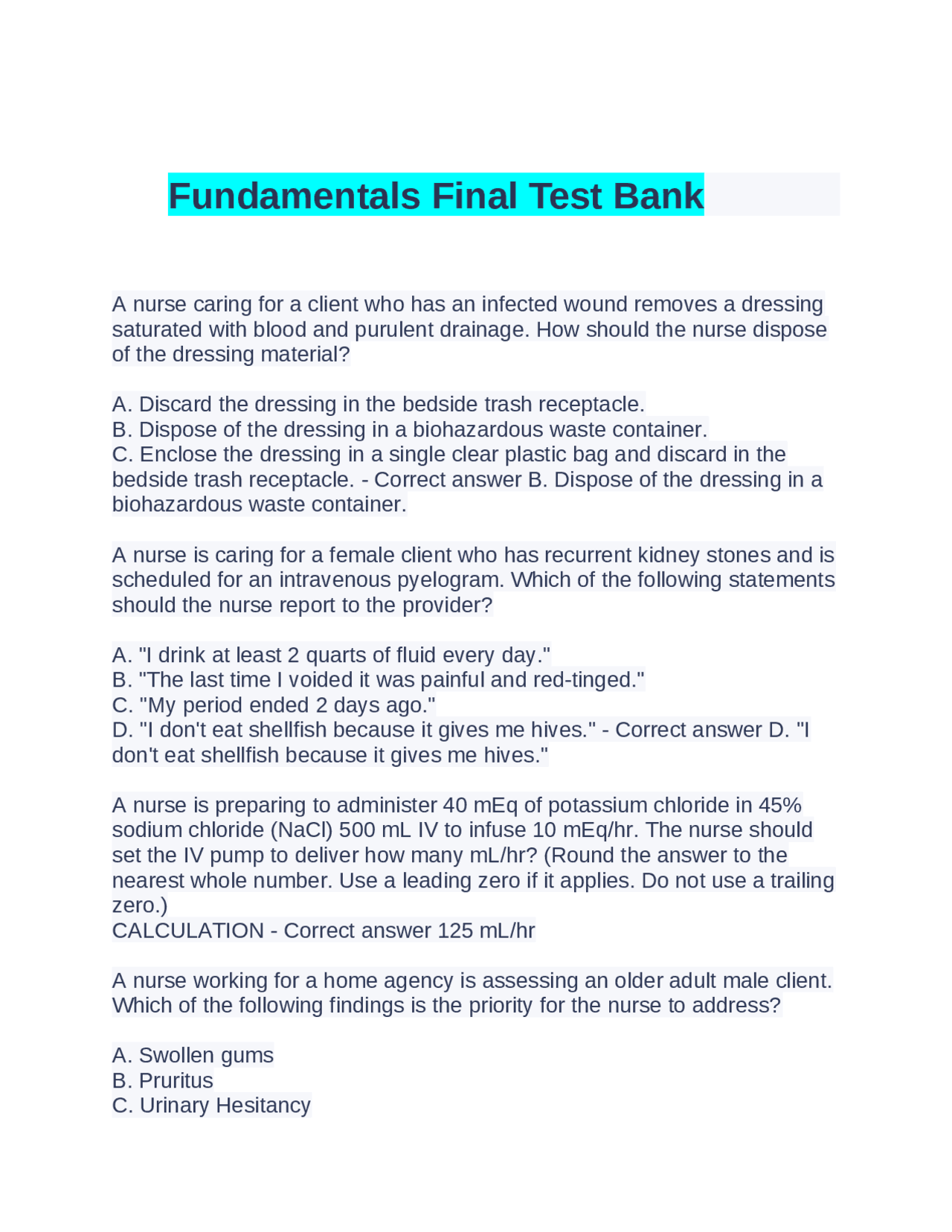 Fundamentals Final Test Bank | Exams Nursing | Docsity