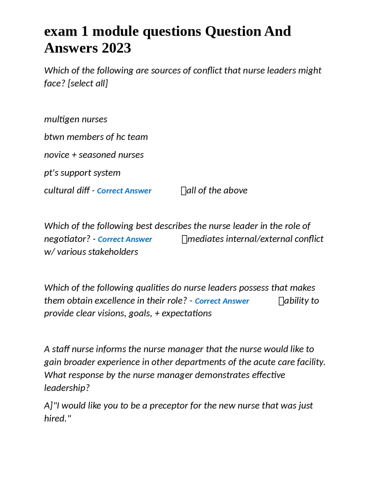 Exam 1 Module Questions Question And Answers 2023 Exams Nursing Docsity