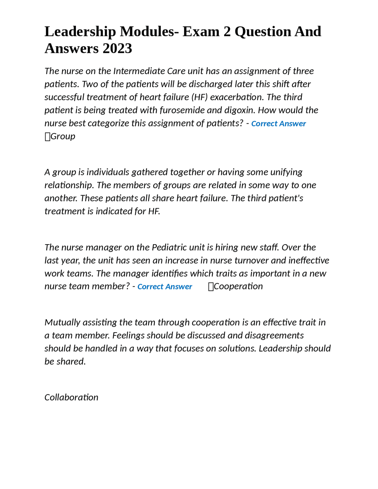 Leadership Modules- Exam 2 Question And Answers 2023 | Exams Nursing ...