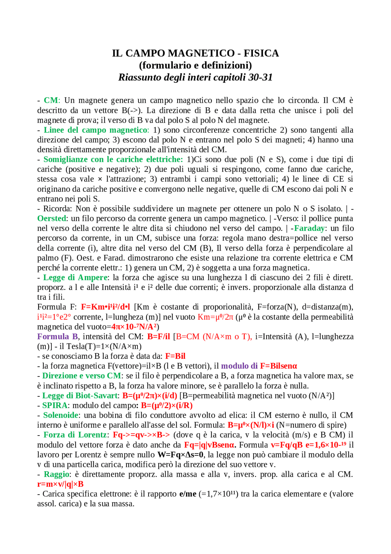 IL CAMPO MAGNETICO - FISICA (formulario e definizioni) Riassunto dei capitoli 30-31 | Schemi e ...