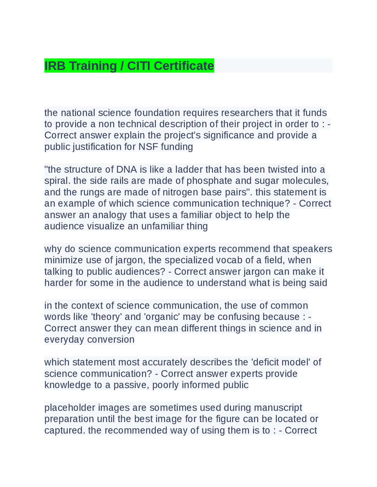 IRB Training / CITI Certificate | Exams Medicine | Docsity