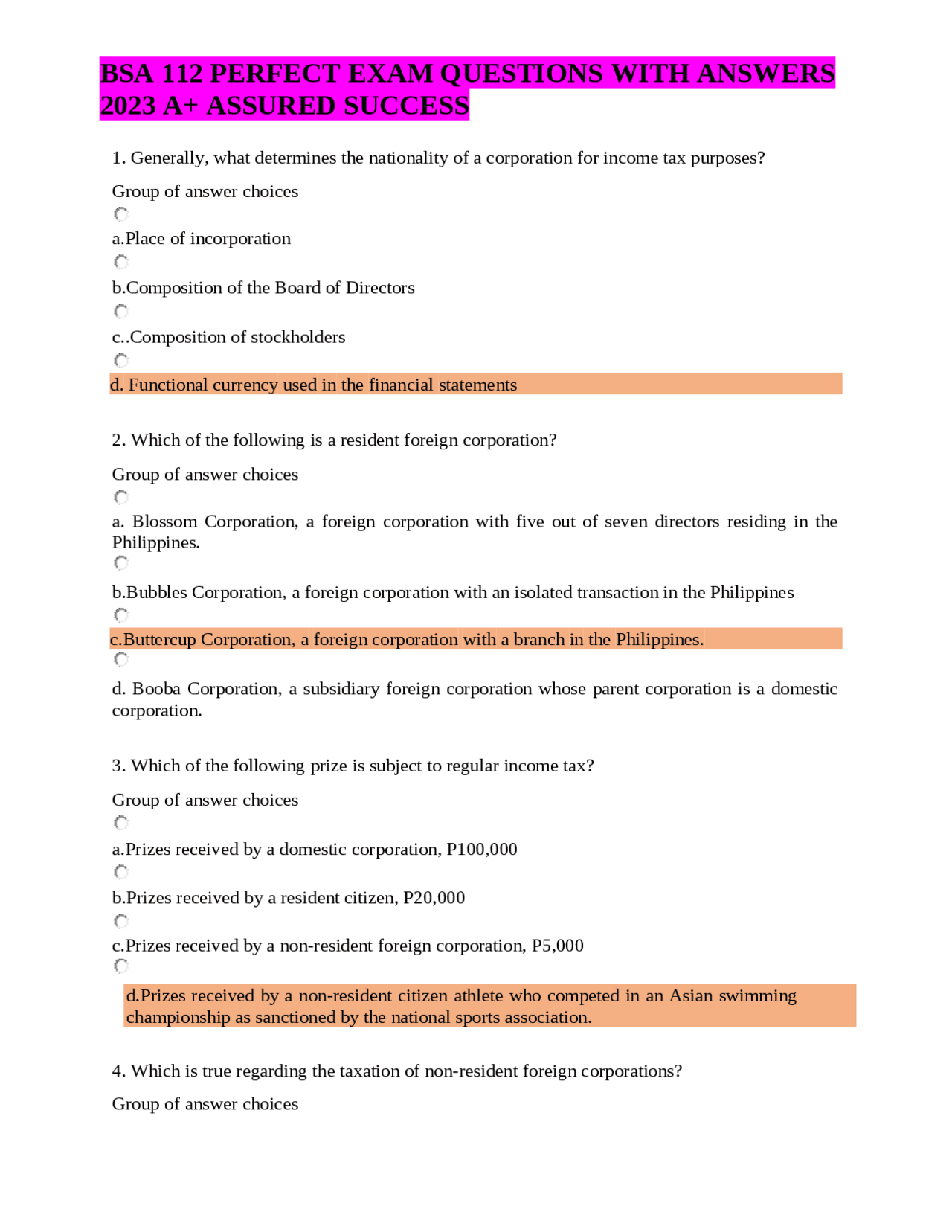 BSA 112 PERFECT EXAM QUESTIONS WITH ANSWERS 2023 A+ ASSURED SUCCESS ...