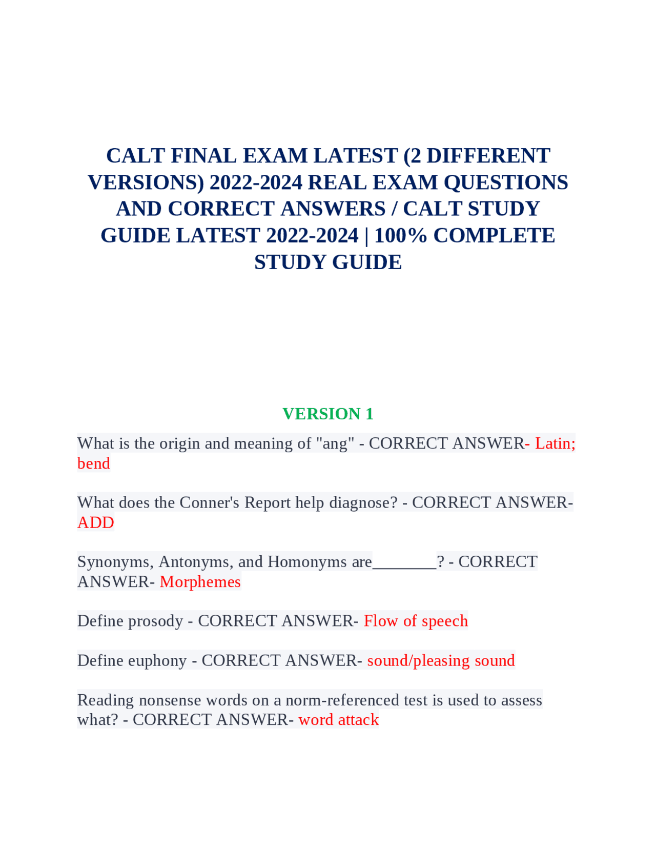 CALT FINAL EXAM LATEST (2 DIFFERENT VERSIONS) 2022-2024 REAL EXAM ...