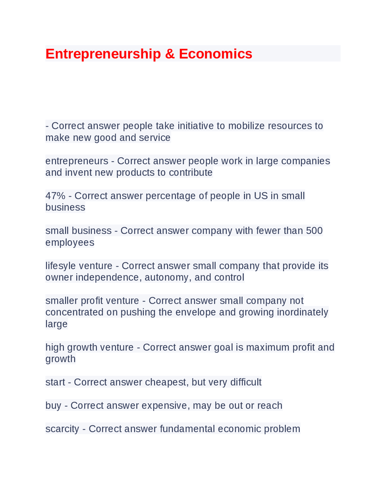 Entrepreneurship & Economics | Exams Business Economics | Docsity