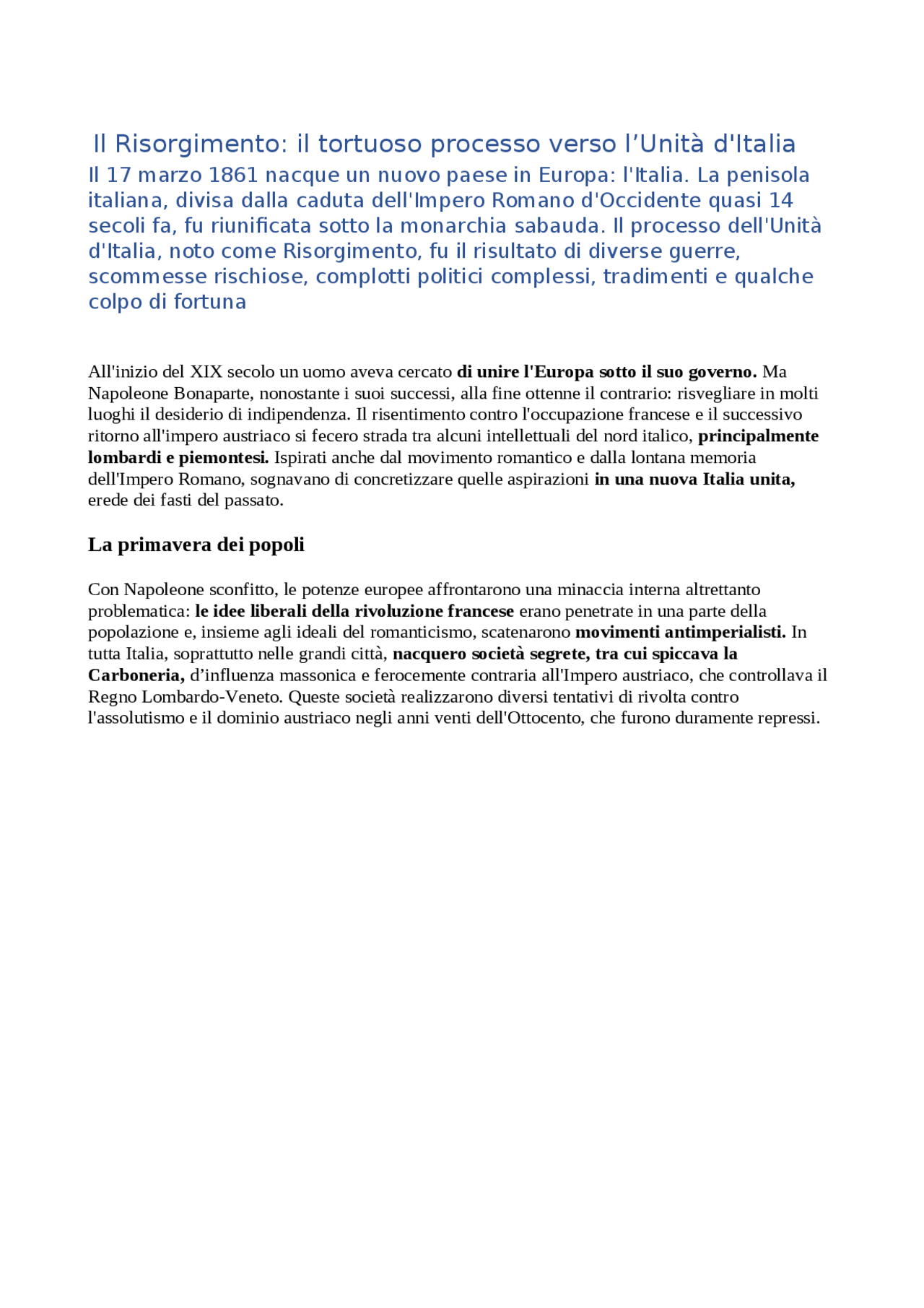 Le Principali Tappe Del Risorgimento Italiano Appunti Di Storia Docsity