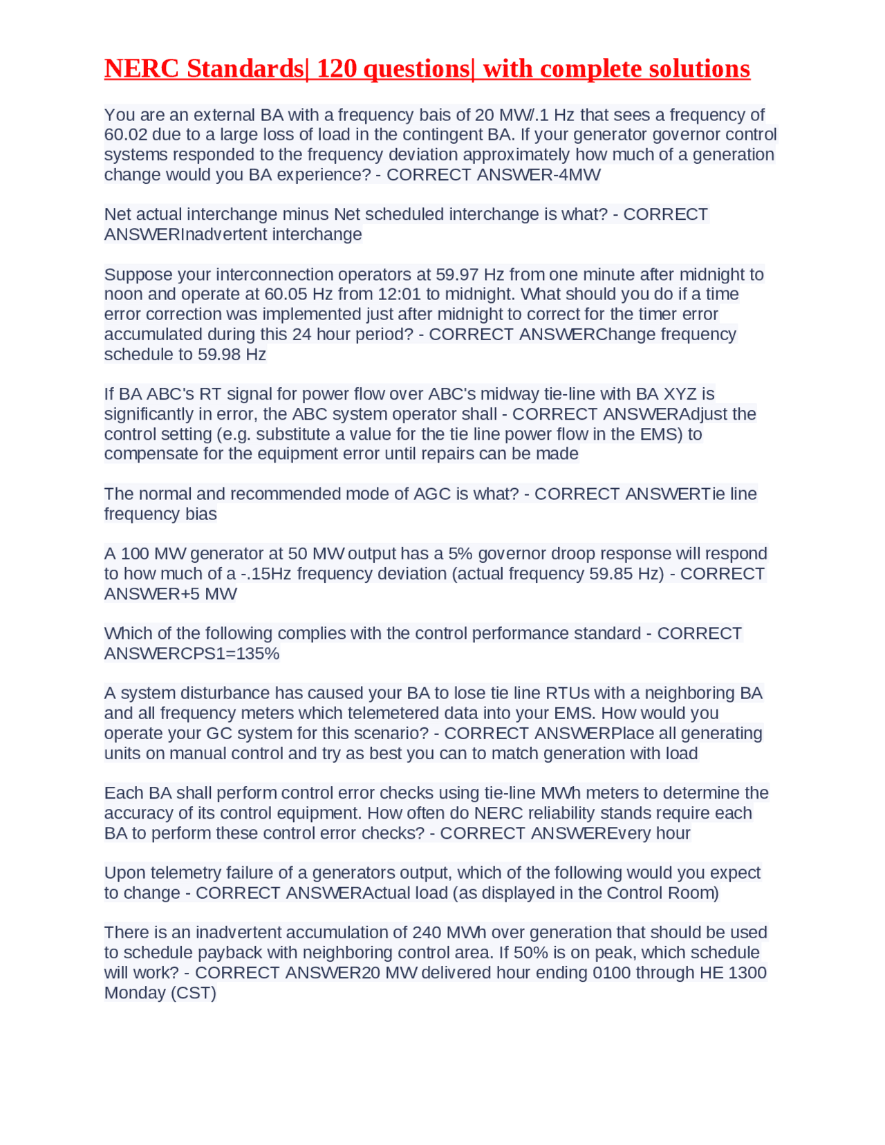 NERC Standards| 120 questions| with complete solutions | Exams Health ...