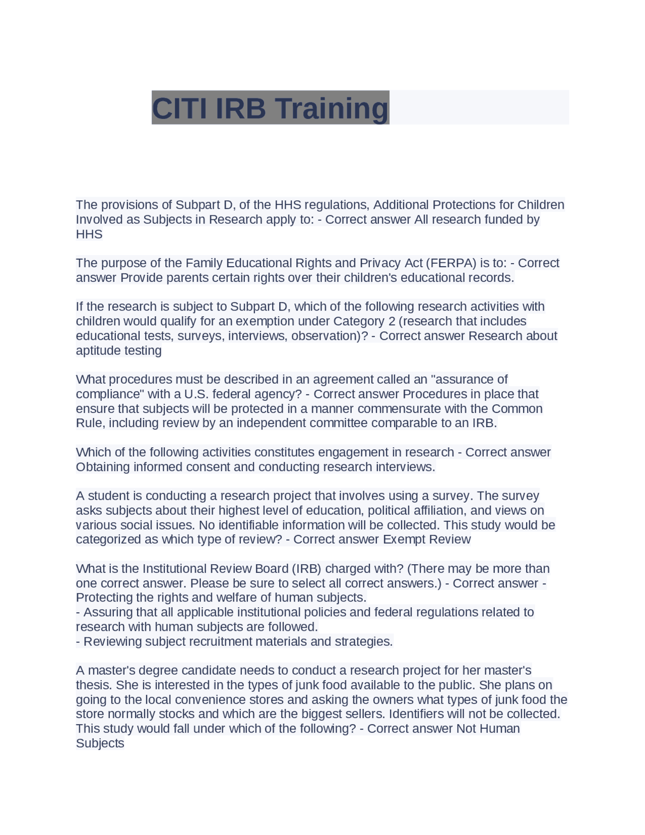 CITI IRB TrainingCITI IRB Training | Exams Media Writing | Docsity
