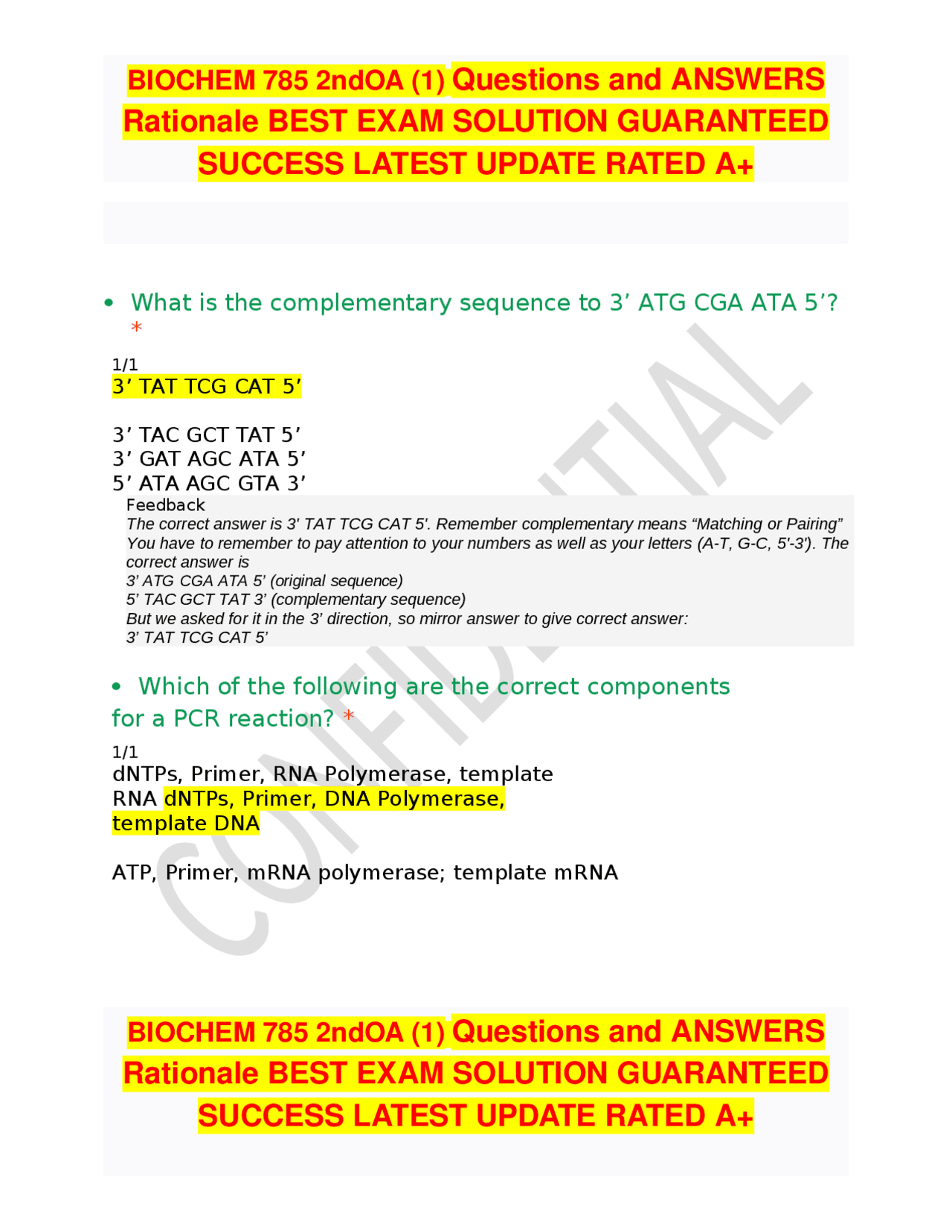Biochem 785 2ndoa 1 Questions And Answers Rationale Best Exam