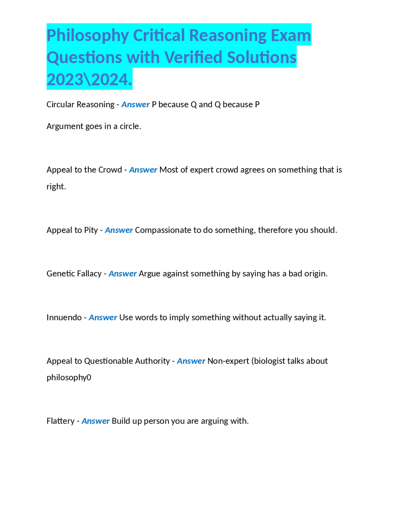 Philosophy Critical Reasoning Exam Questions With Verified Solutions