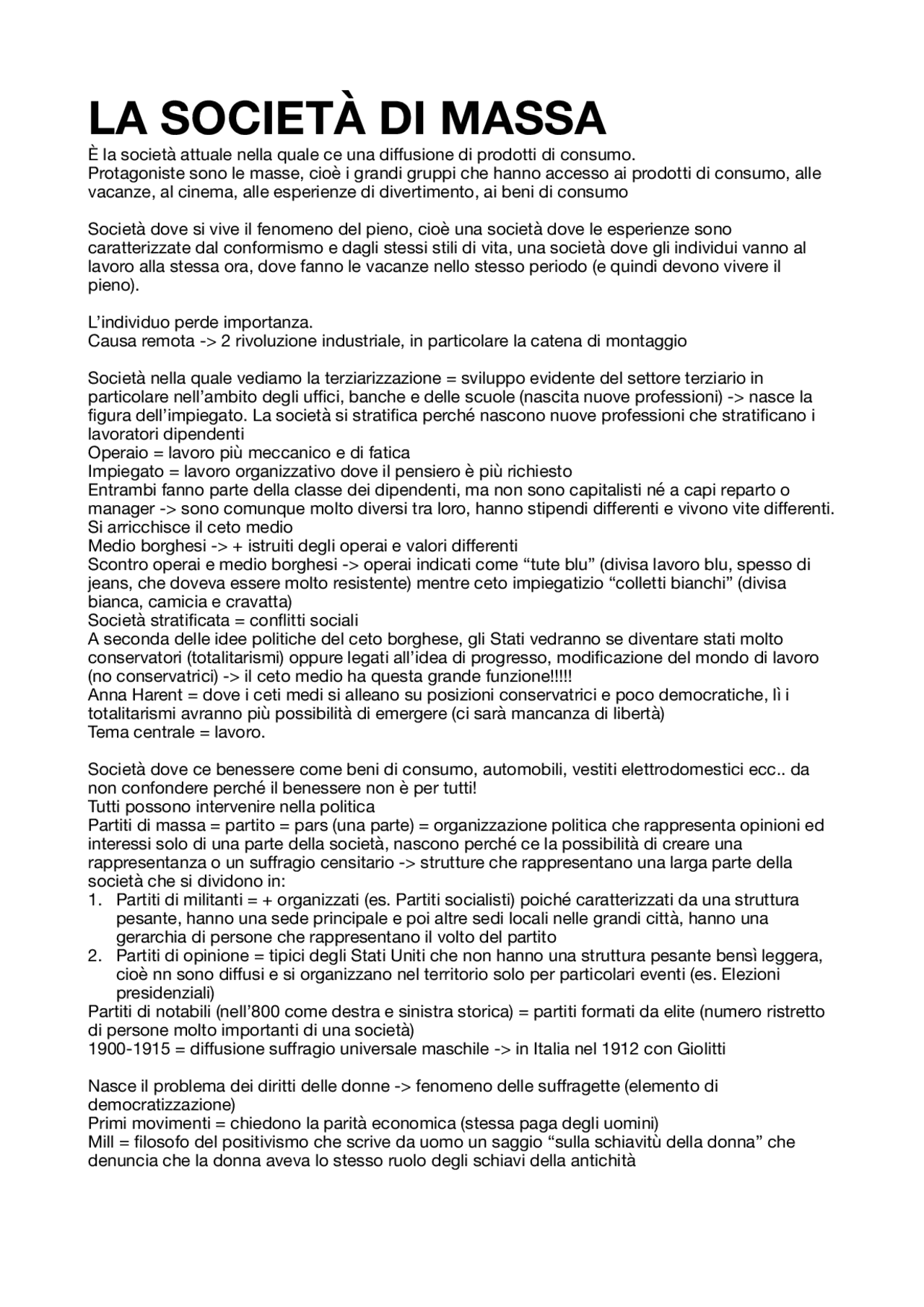La Società Di Massa E I Partiti Di Massa Appunti Di Storia Docsity
