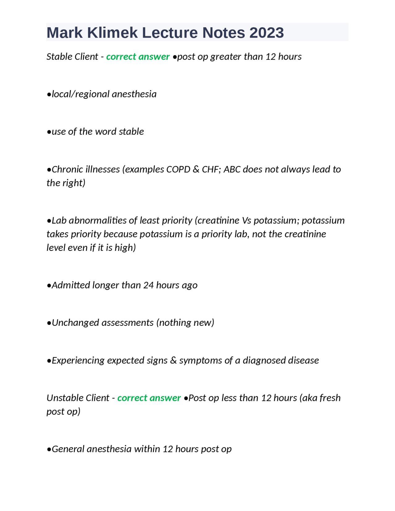 Mark Klimek Lecture Notes 2023 | Exams Nursing | Docsity