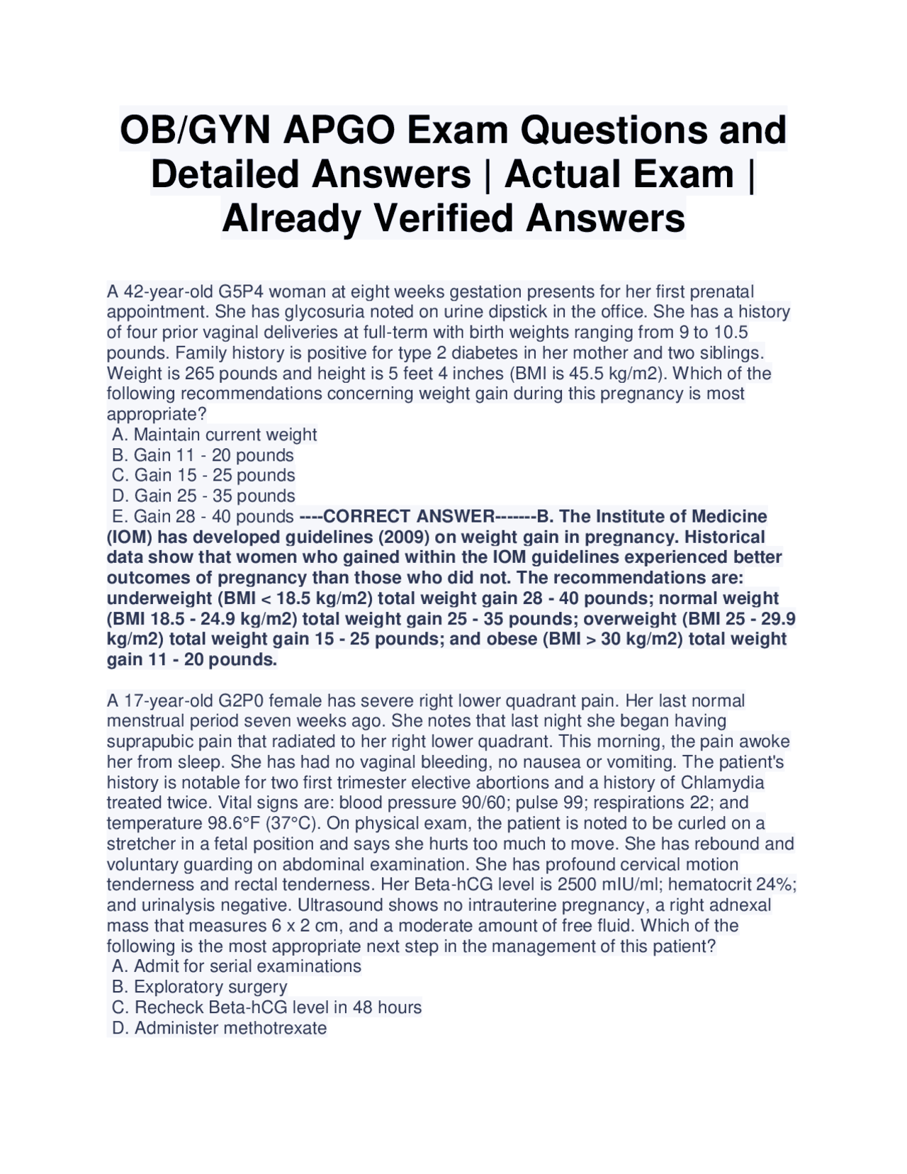 OB/GYN APGO Exam Questions and Detailed Answers | Actual Exam | Already Verified Answers | Exams ...