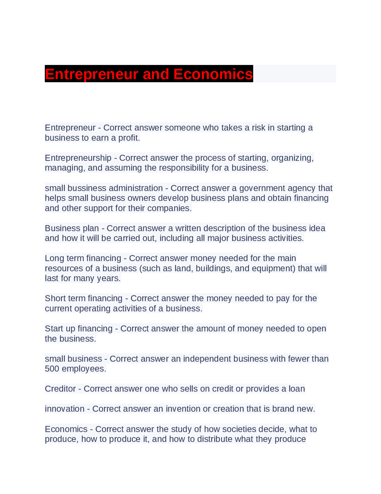 Entrepreneurship and Economics | Exams Business Economics | Docsity