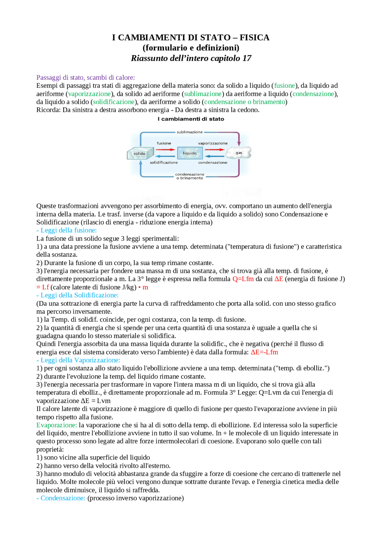 I CAMBIAMENTI DI STATO – FISICA (formulario e definizioni),Riassunto ...