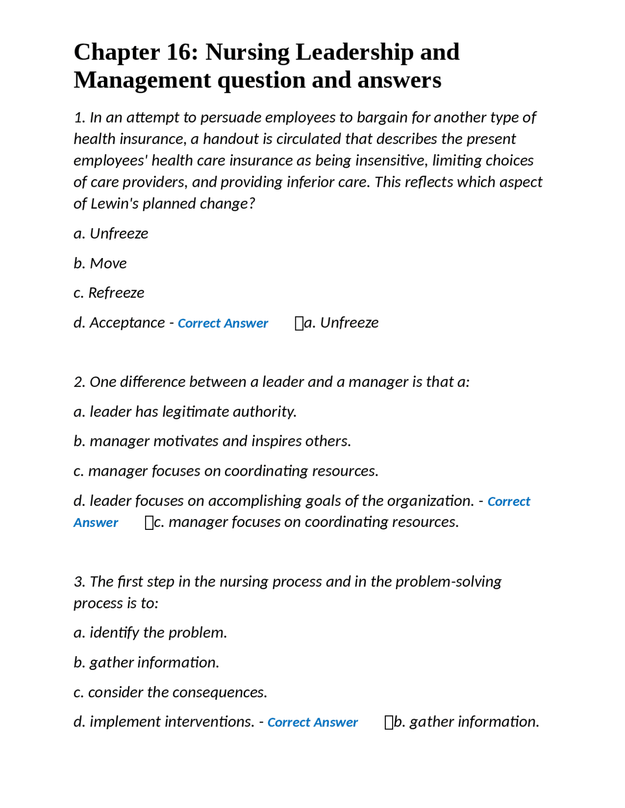 Chapter 16: Nursing Leadership and Management question and answers ...