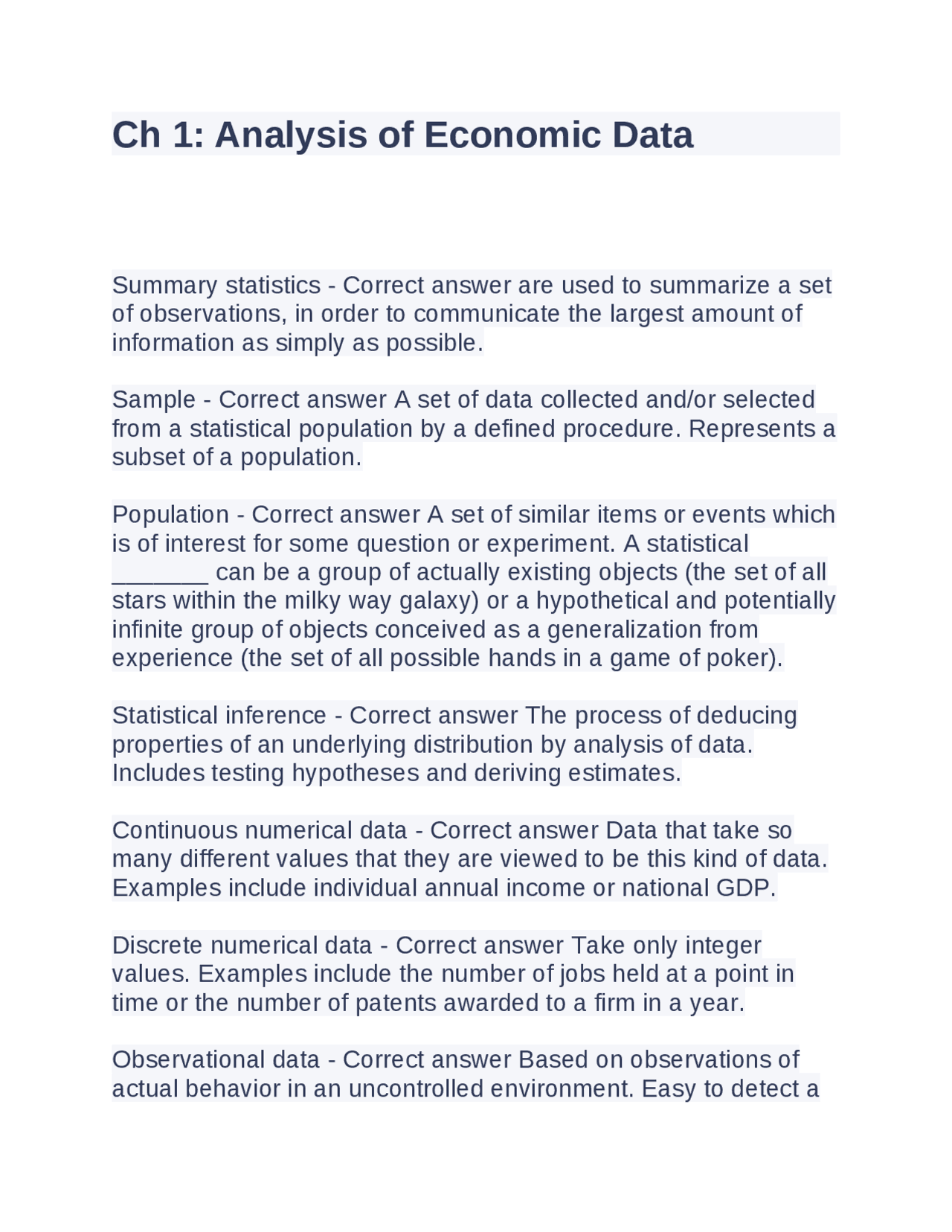 Analysis Of Economic Data Exams Statistics Docsity