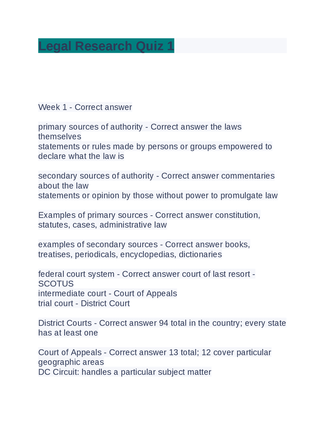 Legal Research Quiz 1 | Exams Business Economics | Docsity