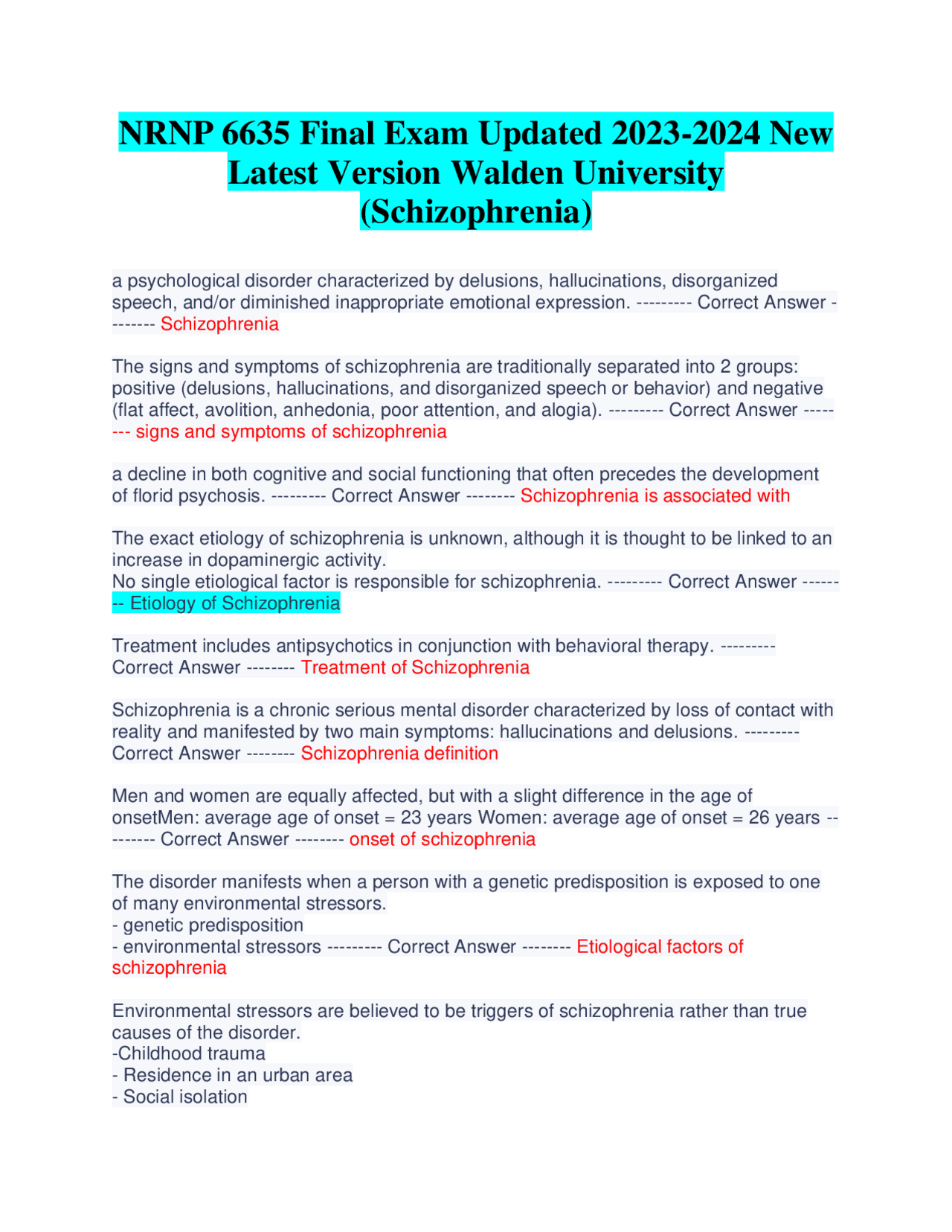 Nrnp 6635 Final Exam Updated 2023 2024 New Latest Version Walden