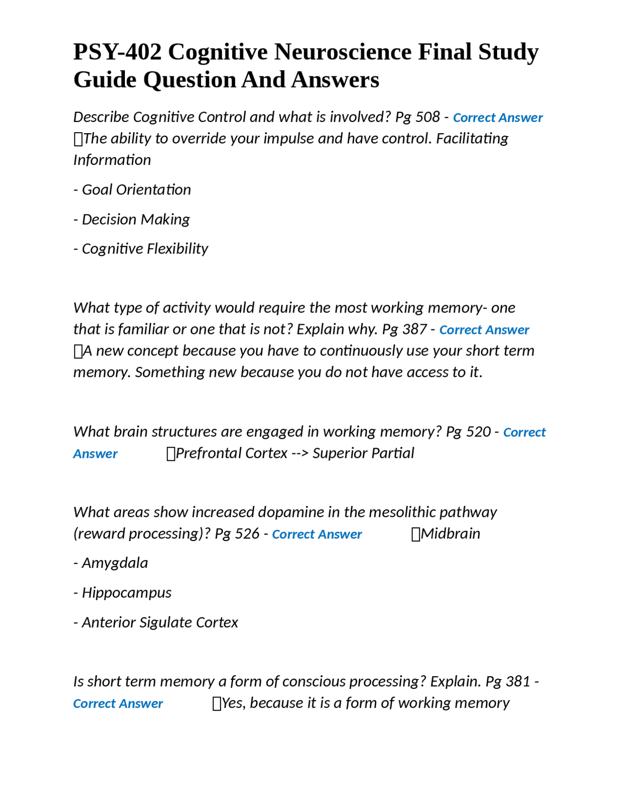 PSY-402 Cognitive Neuroscience Final Study Guide Question And Answers ...