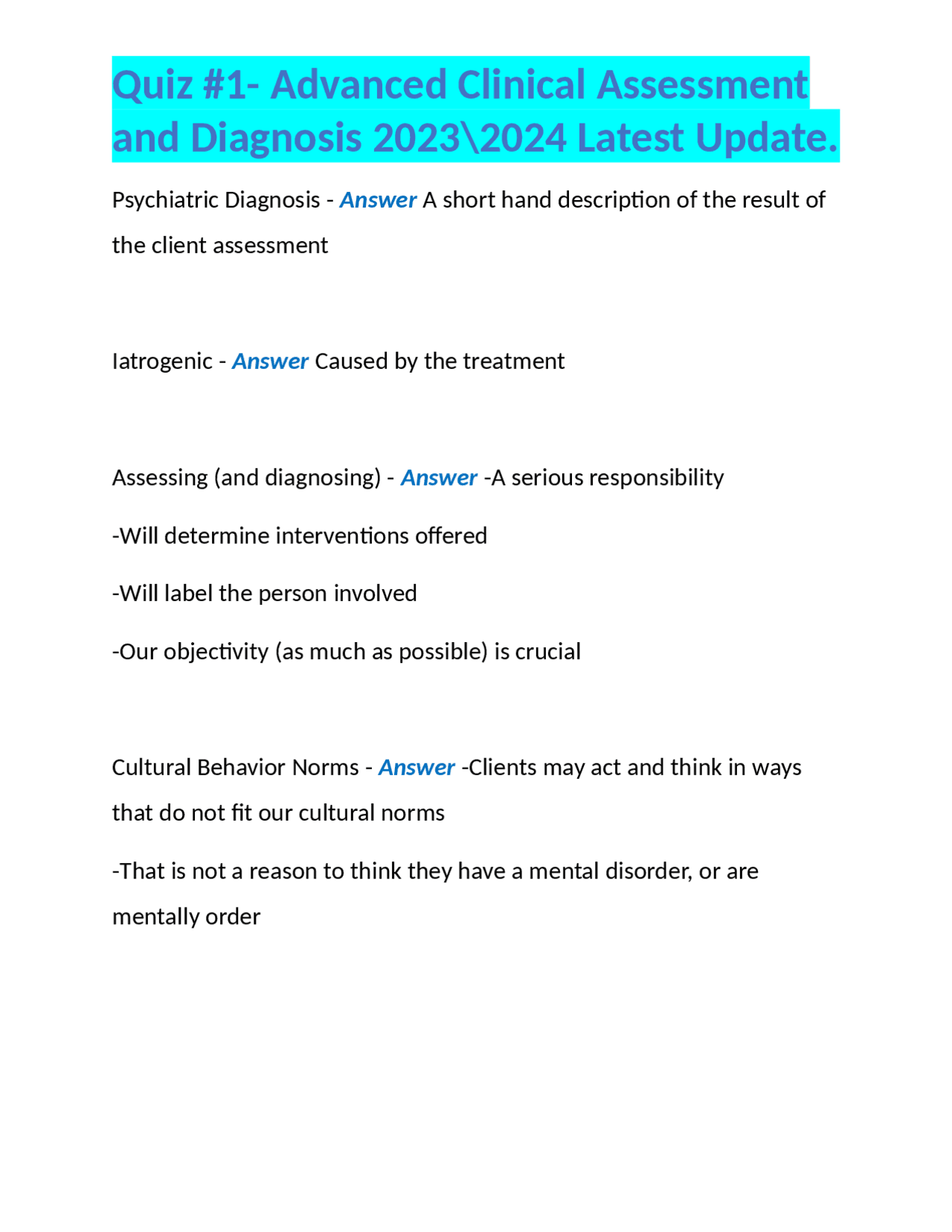 Quiz #1- Advanced Clinical Assessment and Diagnosis 2023\2024 Latest ...