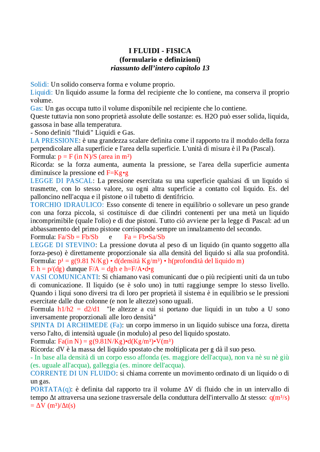 I Fluidi Fisica Formulario E Definizioni Riassunto Dellintero
