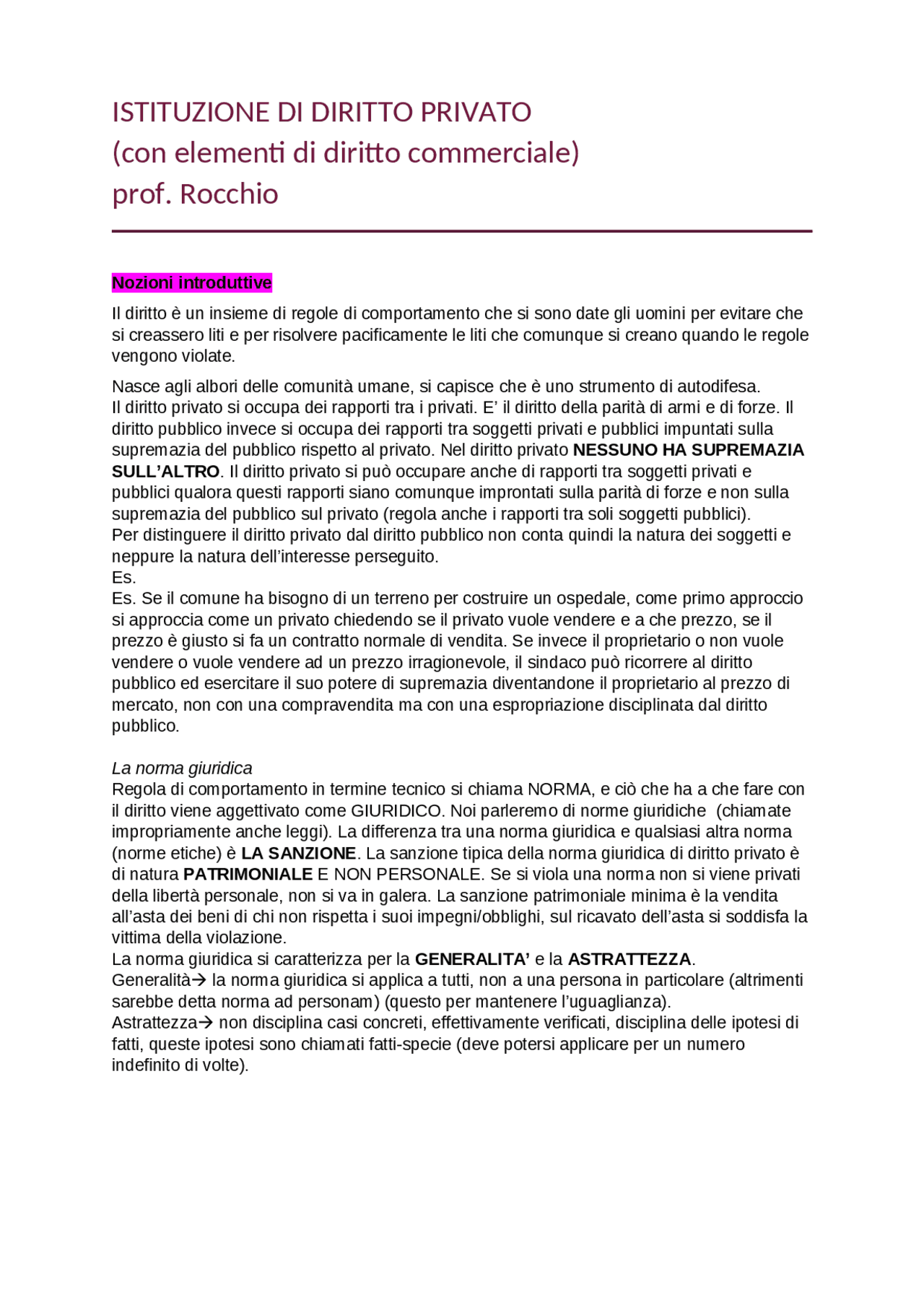 Appunti Di Diritto Privato Con Elementi Di Diritto Commerciale Prof