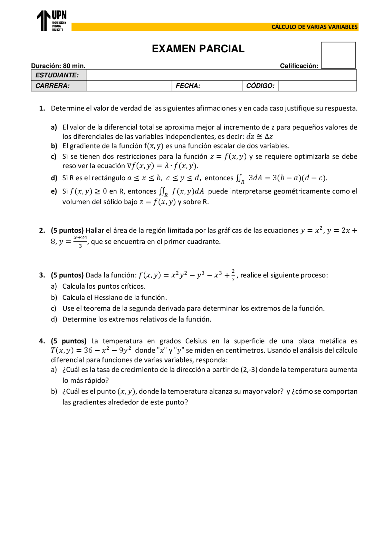 Examen Parcial De Calculo 3 Apuntes De Cálculo Docsity