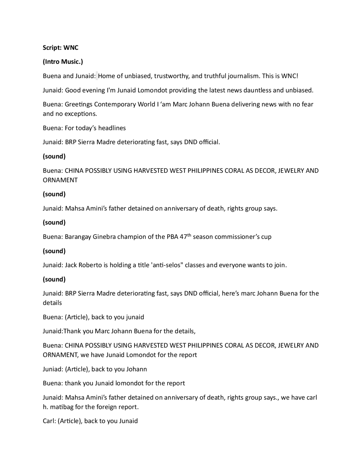Newscasting script for grade 11 students | Cheat Sheet Law | Docsity