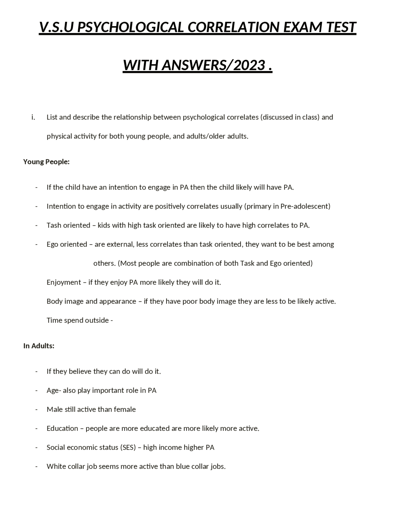 Vsu Psychological Correlation Exam Test With Answers2023 Exams