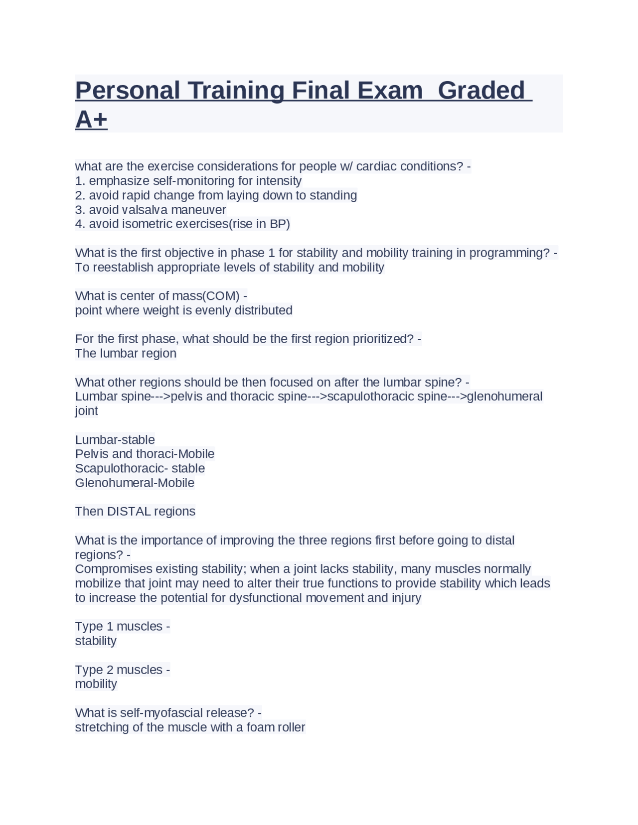 Personal Training Final Exam Graded A+ | Exams Public Health | Docsity