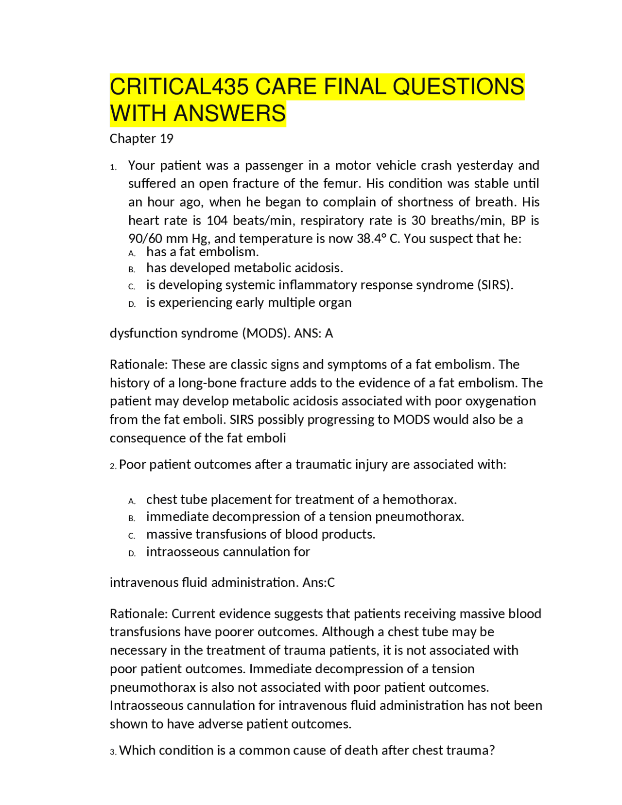 Critical Care Final Questions with Answers | Exams Nursing | Docsity