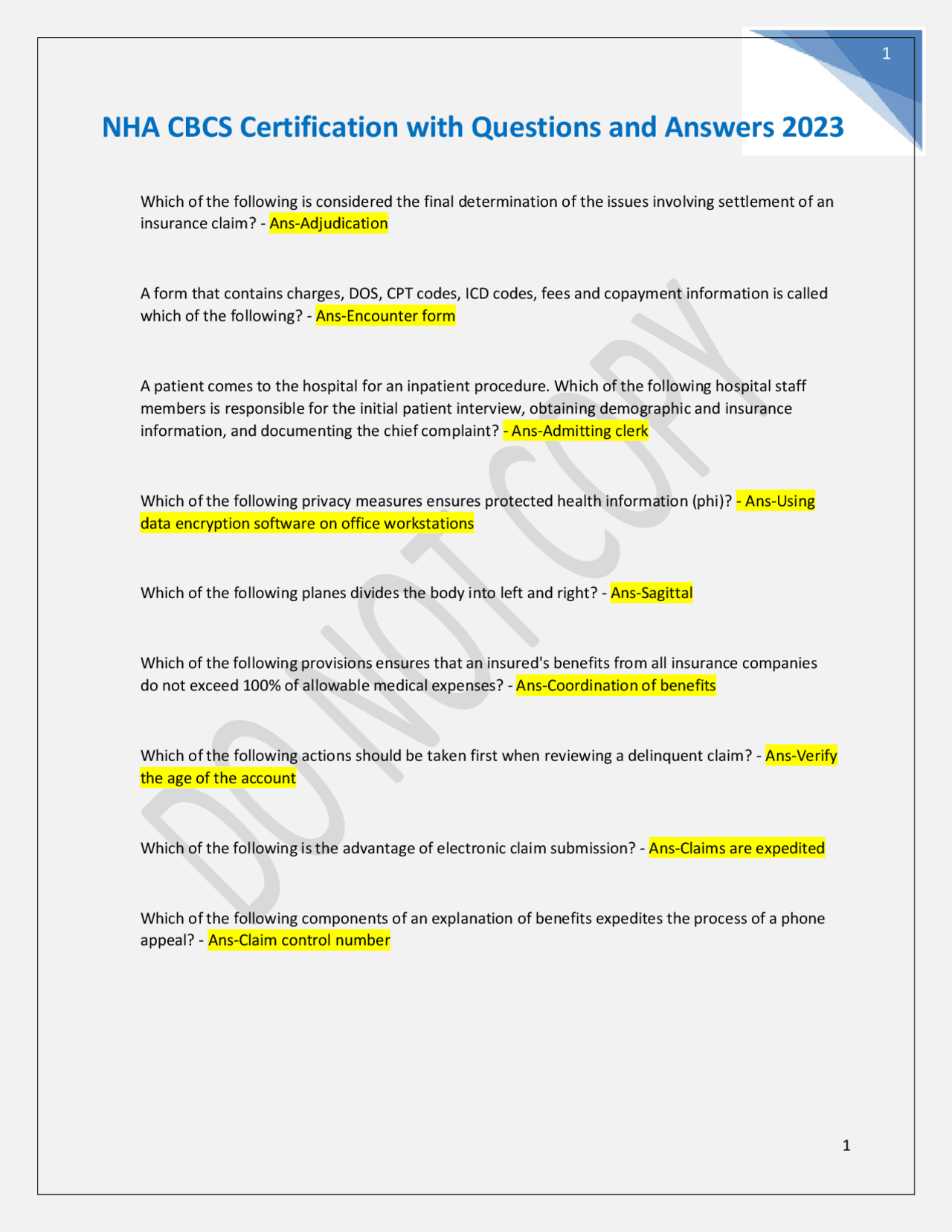 NHA CBCS Certification with Questions and Answers 2023 | Exams Nursing ...