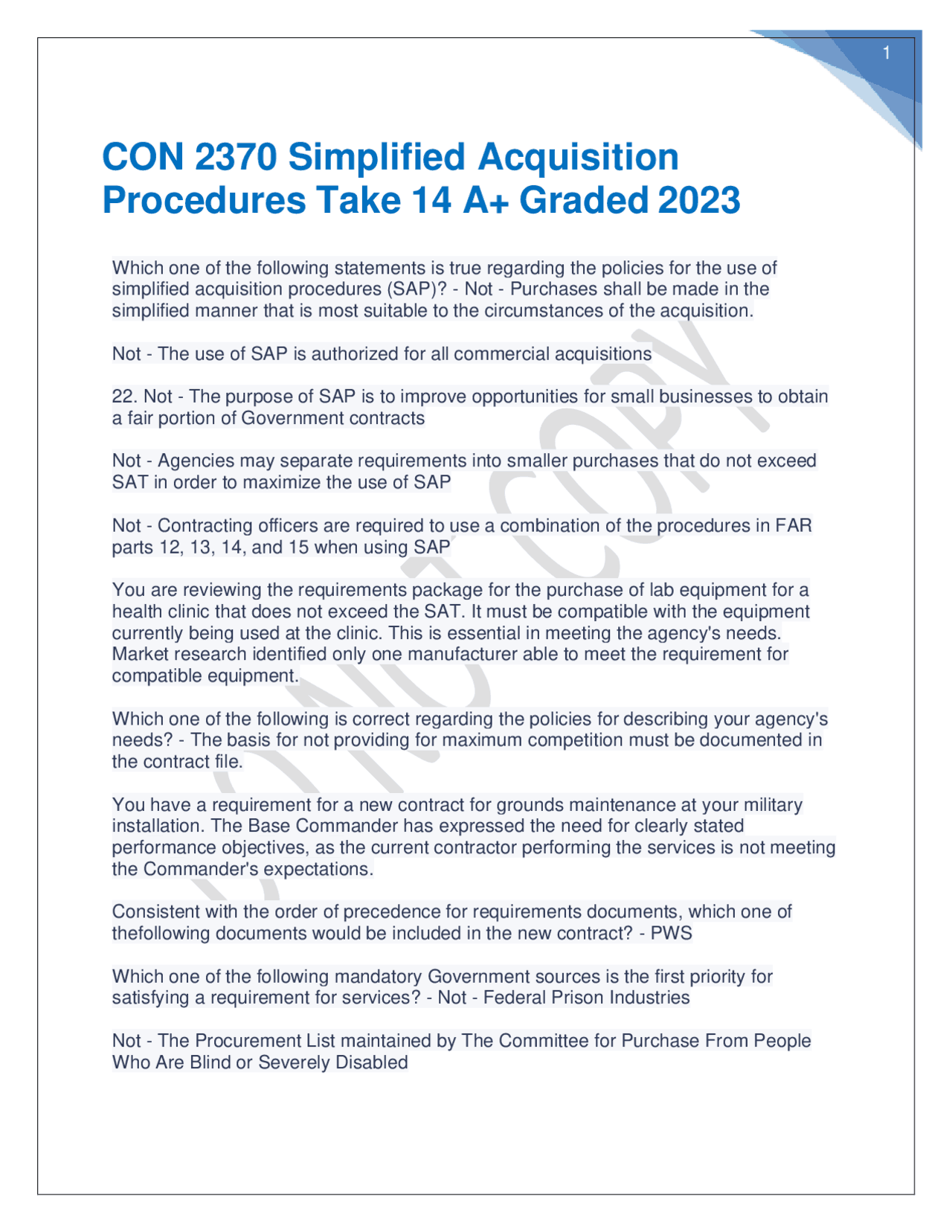CON 2370 Simplified Acquisition Procedures Take 14 A+ Graded 2023 ...