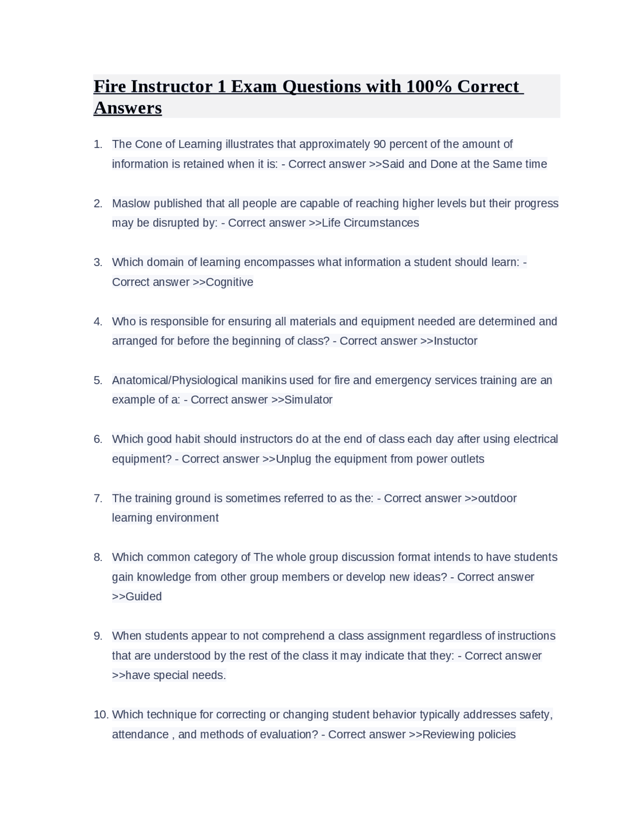 Fire Instructor 1 Exam Questions with 100% Correct Answers | Exams ...