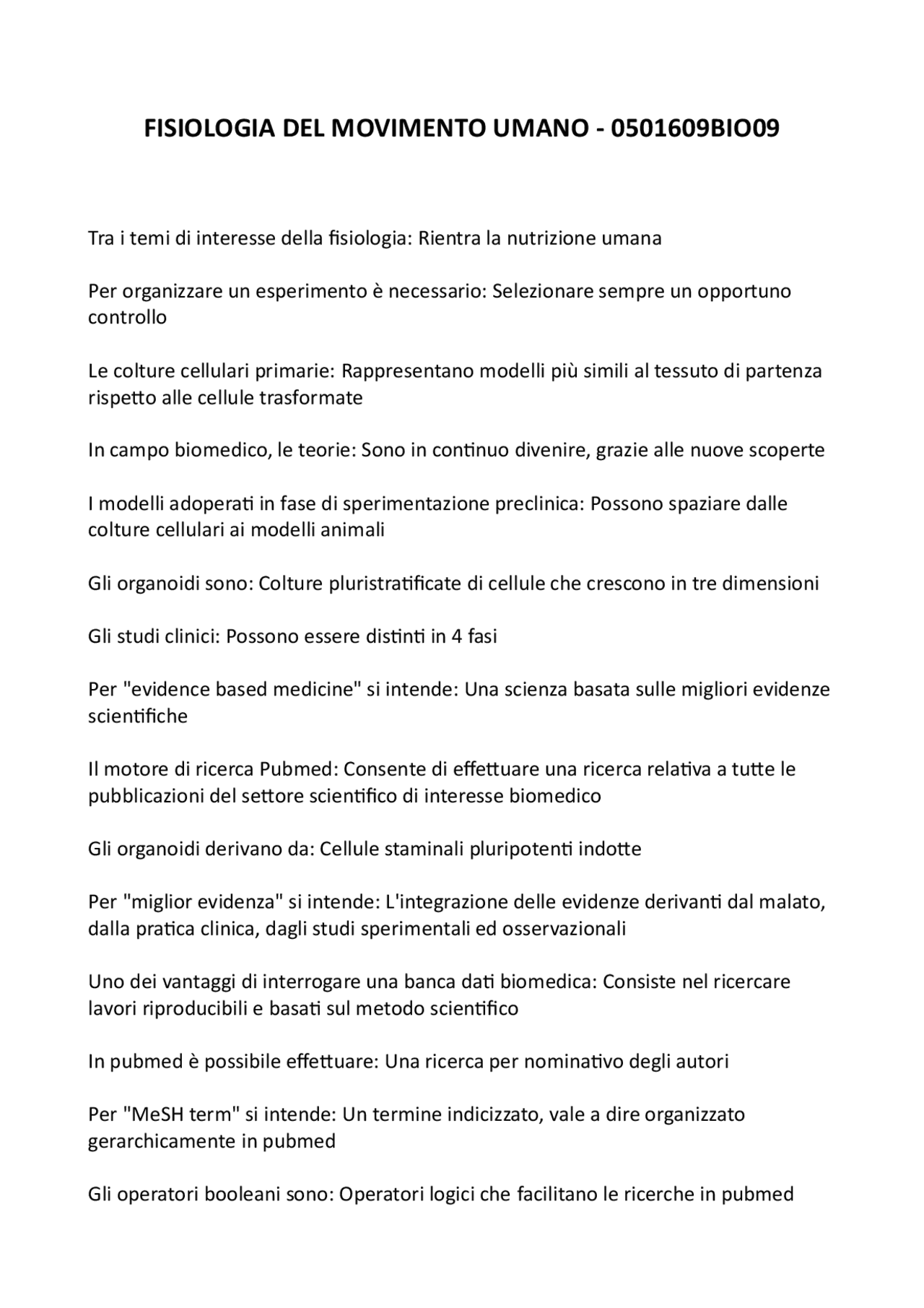 PEGASO - FISIOLOGIA DEL MOVIMENTO UMANO - 0501609BIO09 | Panieri di Fisiologia Umana | Docsity