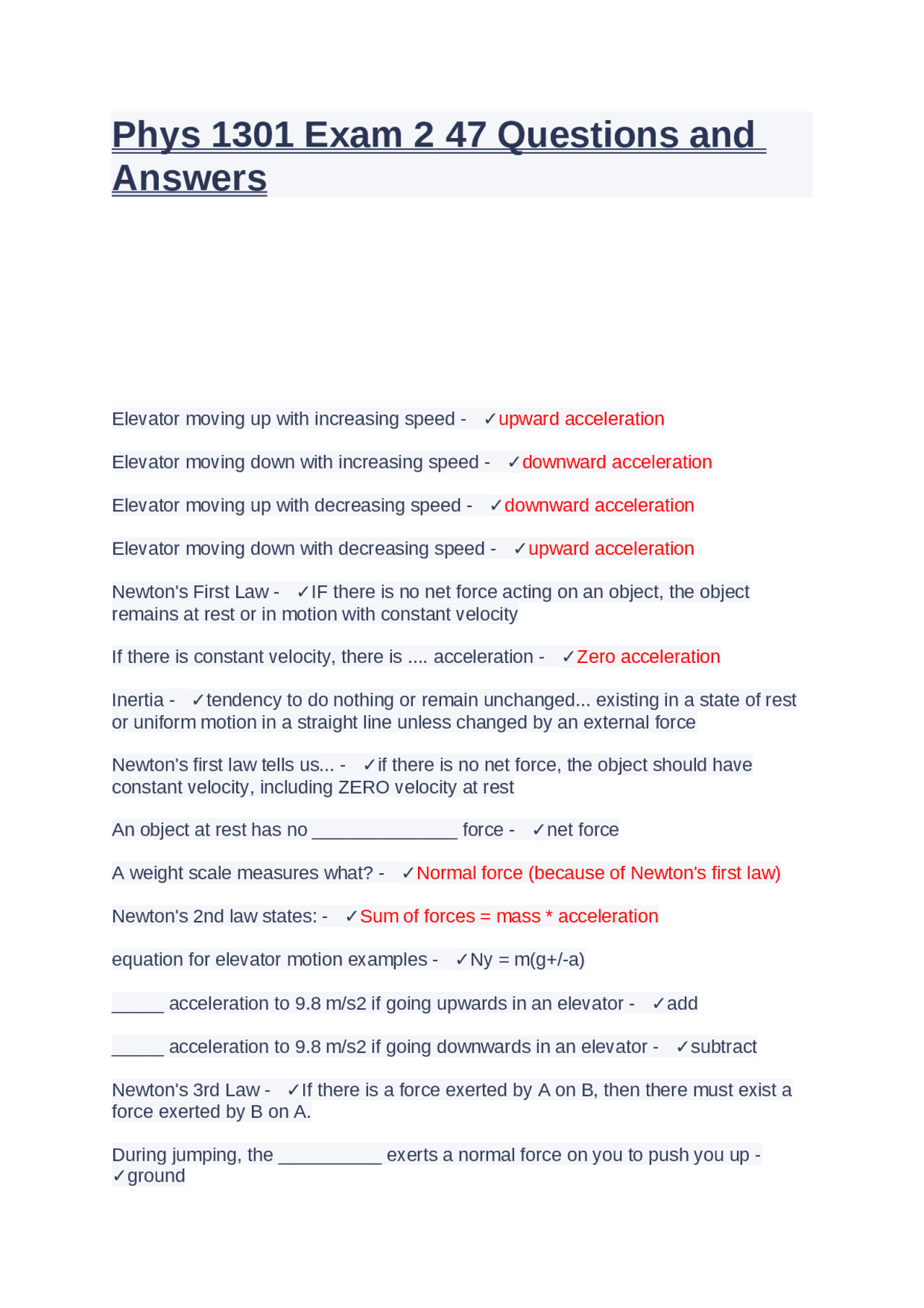 Phys 1301 Exam 2 47 Questions And Answers Exams Physics Docsity