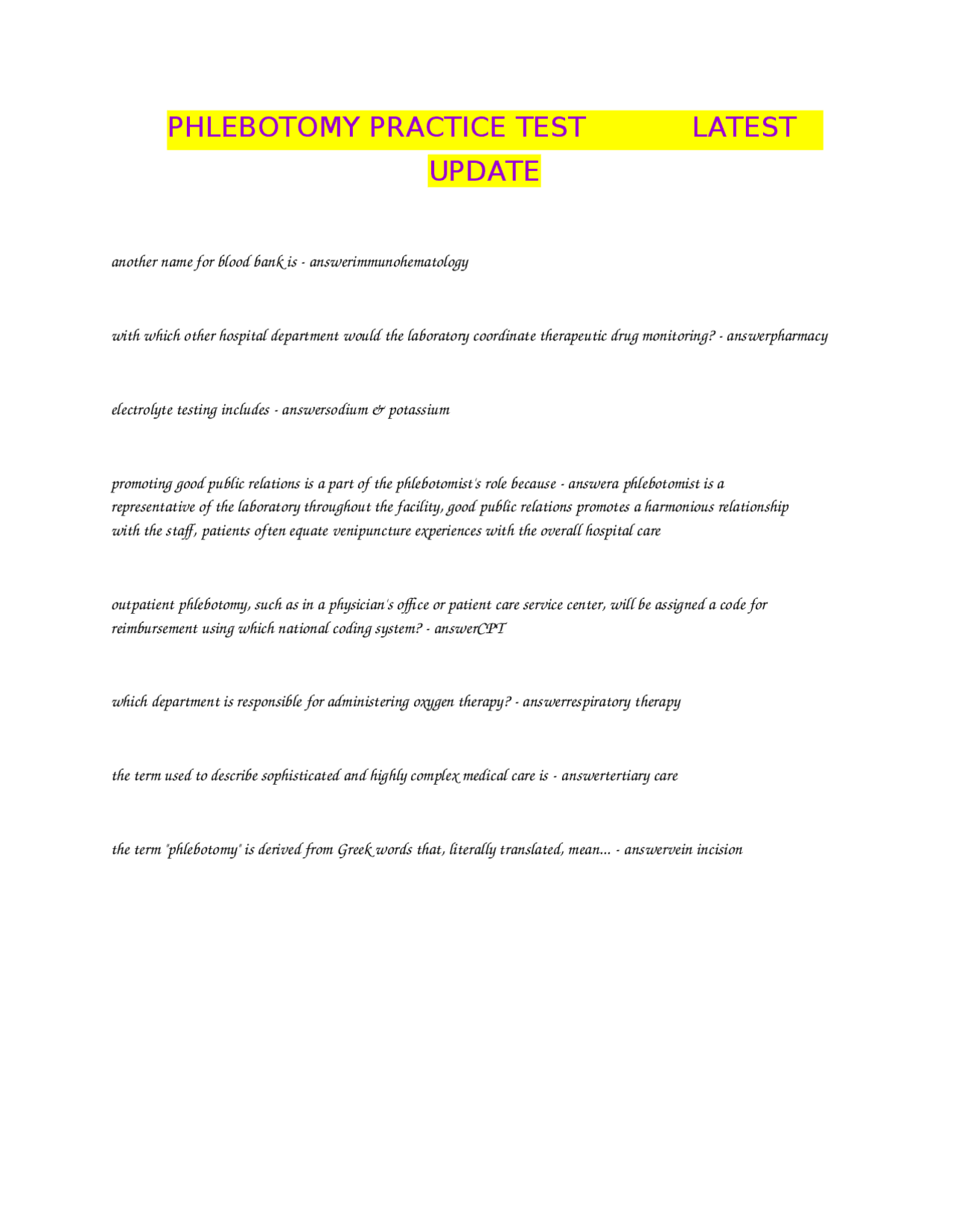 PHLEBOTOMY PRACTICE TESTLATEST UPDATE 2023-2024 Graded A+ | Exams ...