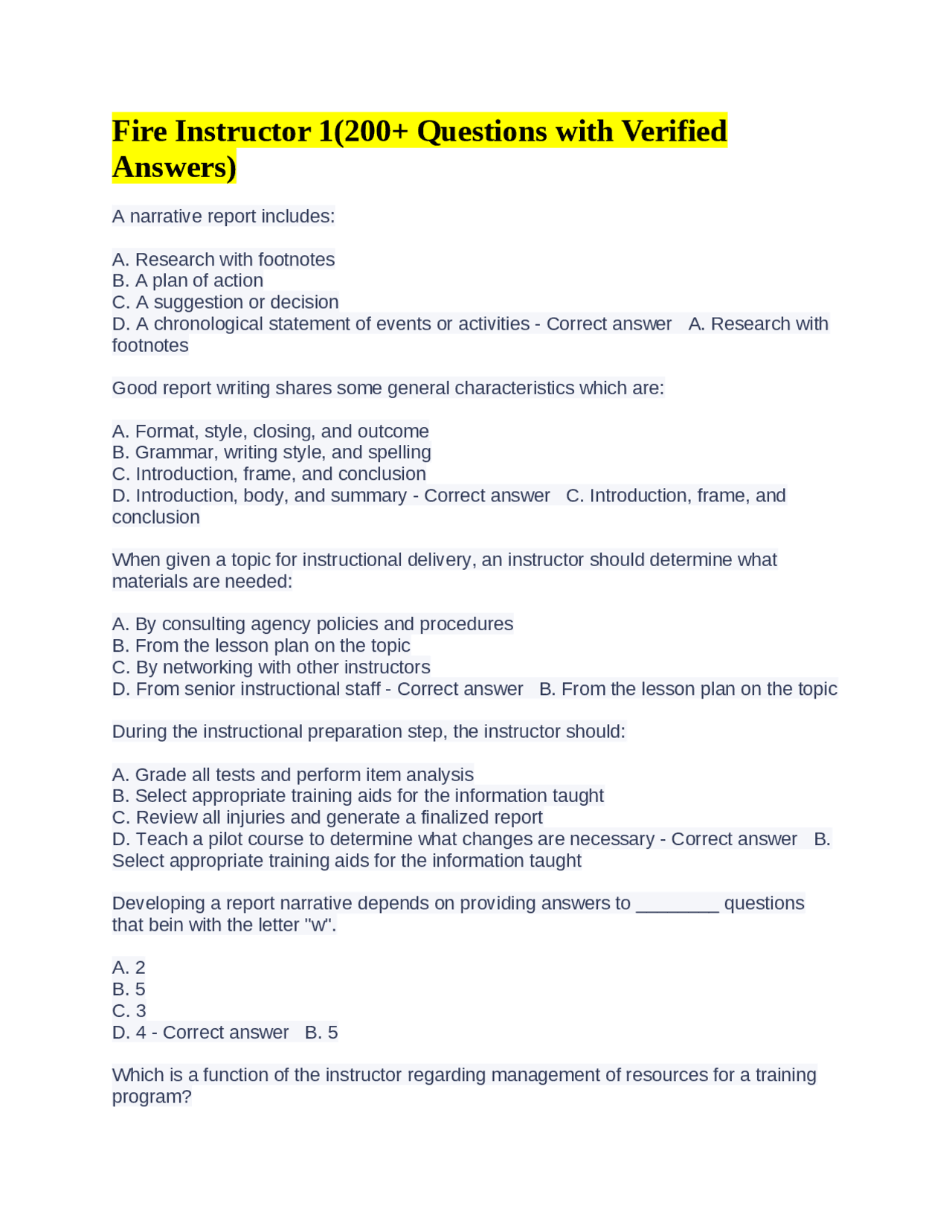 Fire Instructor 1(200+ Questions with Verified Answers) | Exams Safety ...
