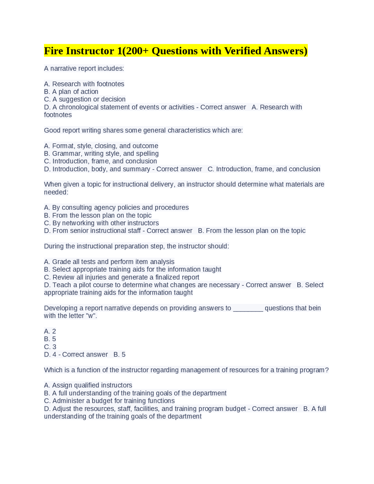 Fire Instructor 1(200+ Questions with Verified Answers) | Exams Safety ...