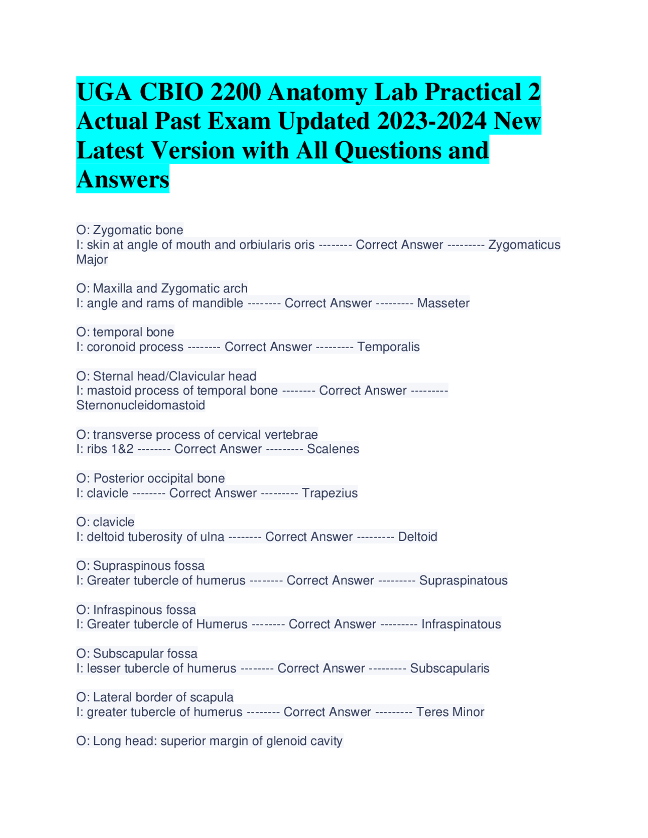 UGA CBIO 2200 Anatomy Lab Practical 2 Actual Past Exam Updated 2023 ...