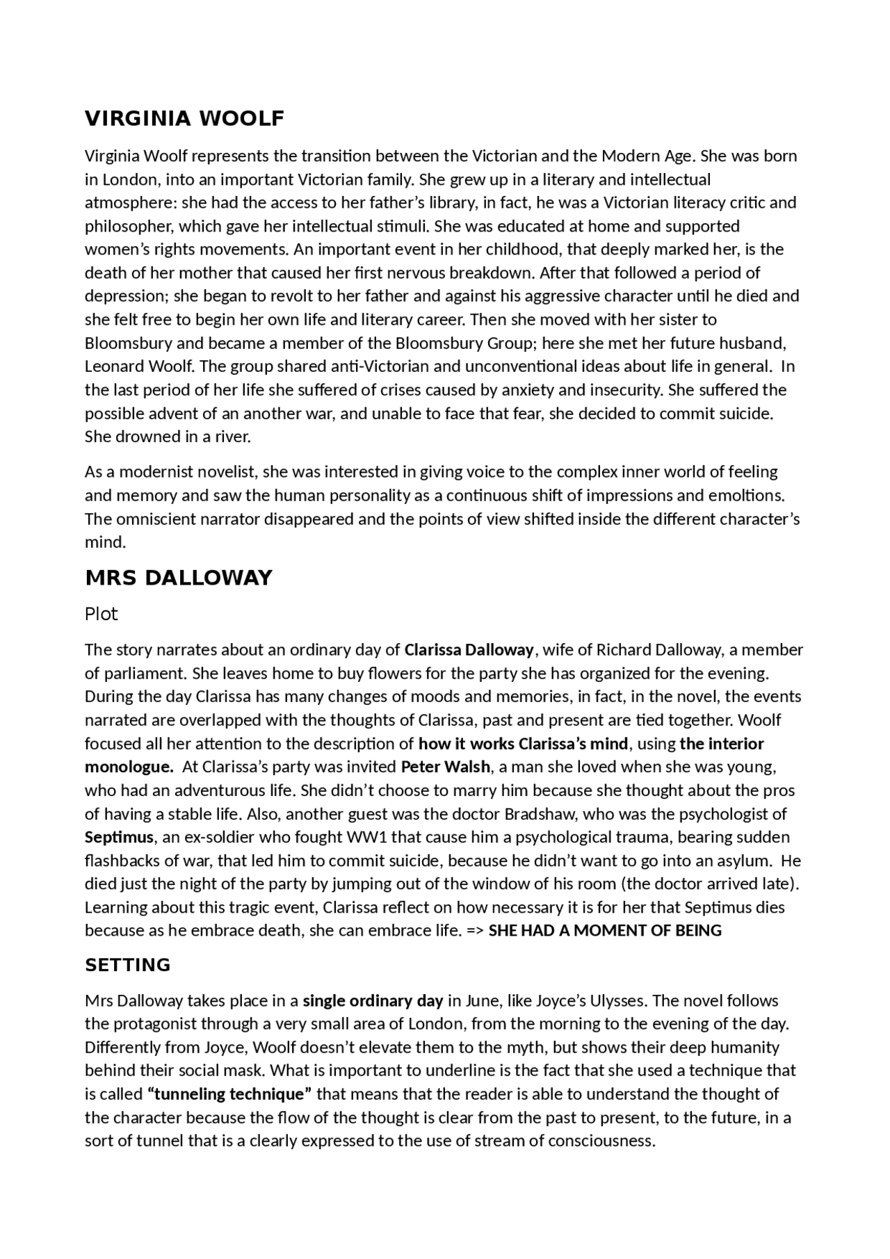 Virginia Woolf Summary Sintesi Del Corso Di Inglese Docsity