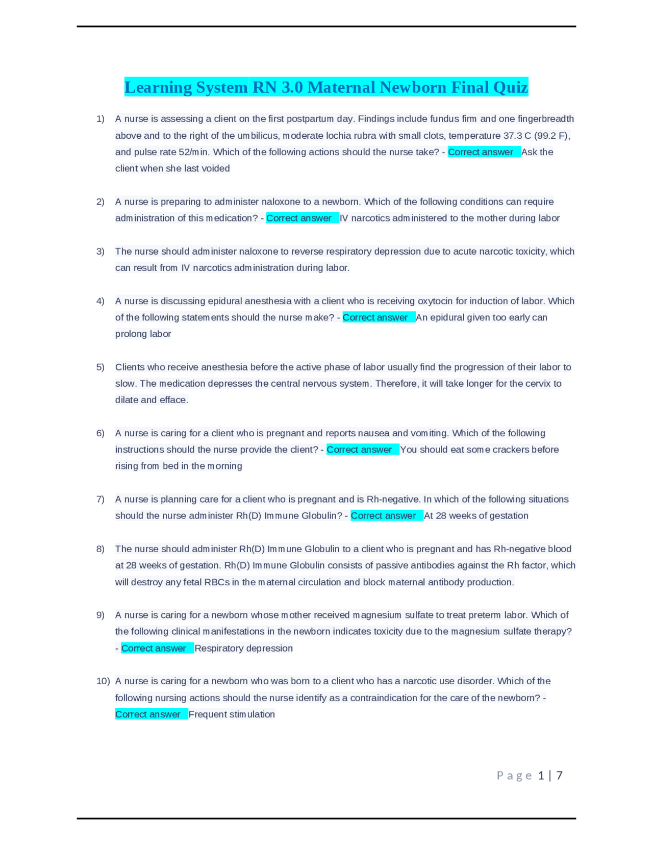 Learning System RN 3.0 Maternal Newborn Final Quiz | Exams Introduction to Machine Learning ...