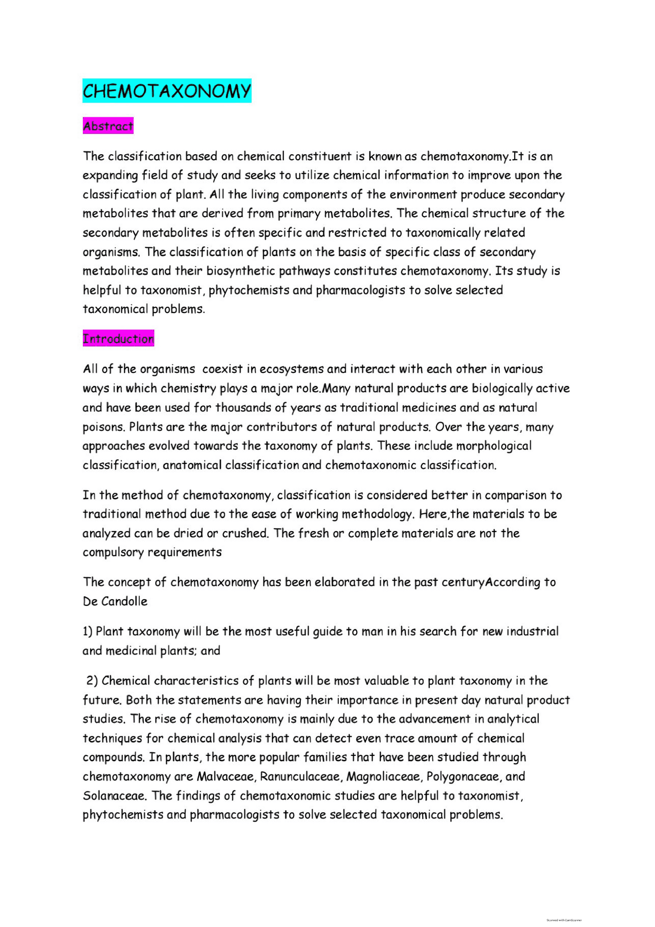 Chemotaxonomy in the plant kingdom | Study notes Biology | Docsity