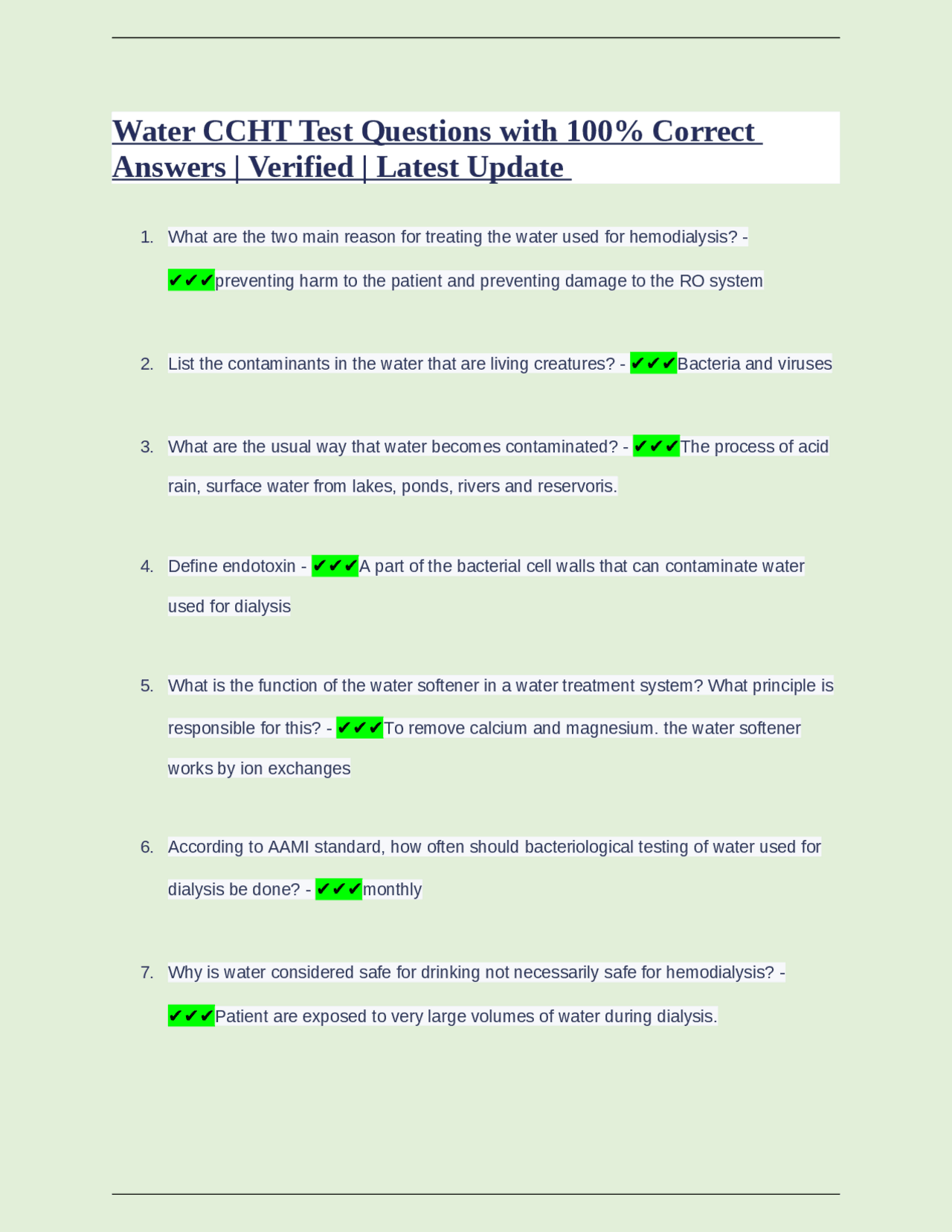 Water CCHT Test Questions with 100% Correct Answers | Verified | Latest ...