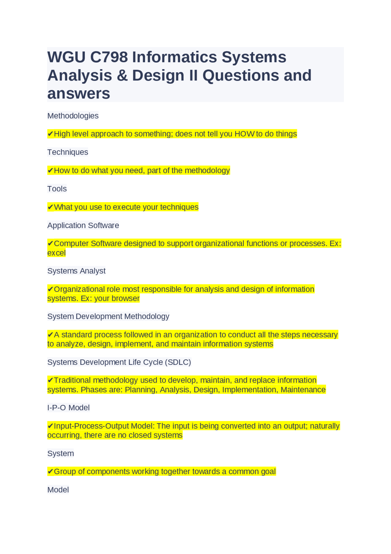 WGU C798 Informatics Systems Analysis & Design II Questions and answers | Exams Information ...